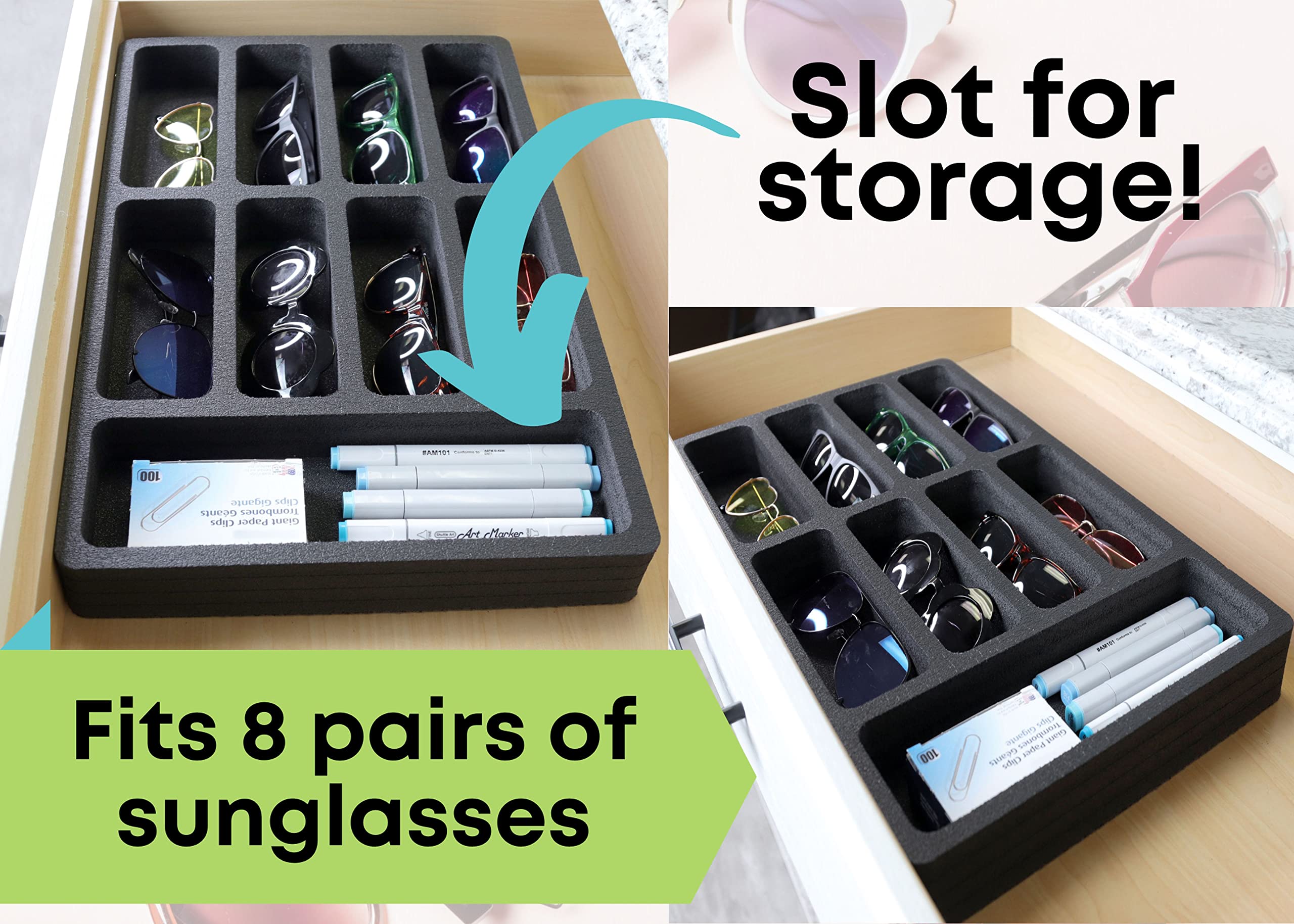 Polar Whale Sunglasses Drawer Organizer Tray Insert for Home Bedroom Bathroom Vanity Dresser Counter Table Waterproof Washable Black Foam 9 Compartment 20 x 12.75 Inches