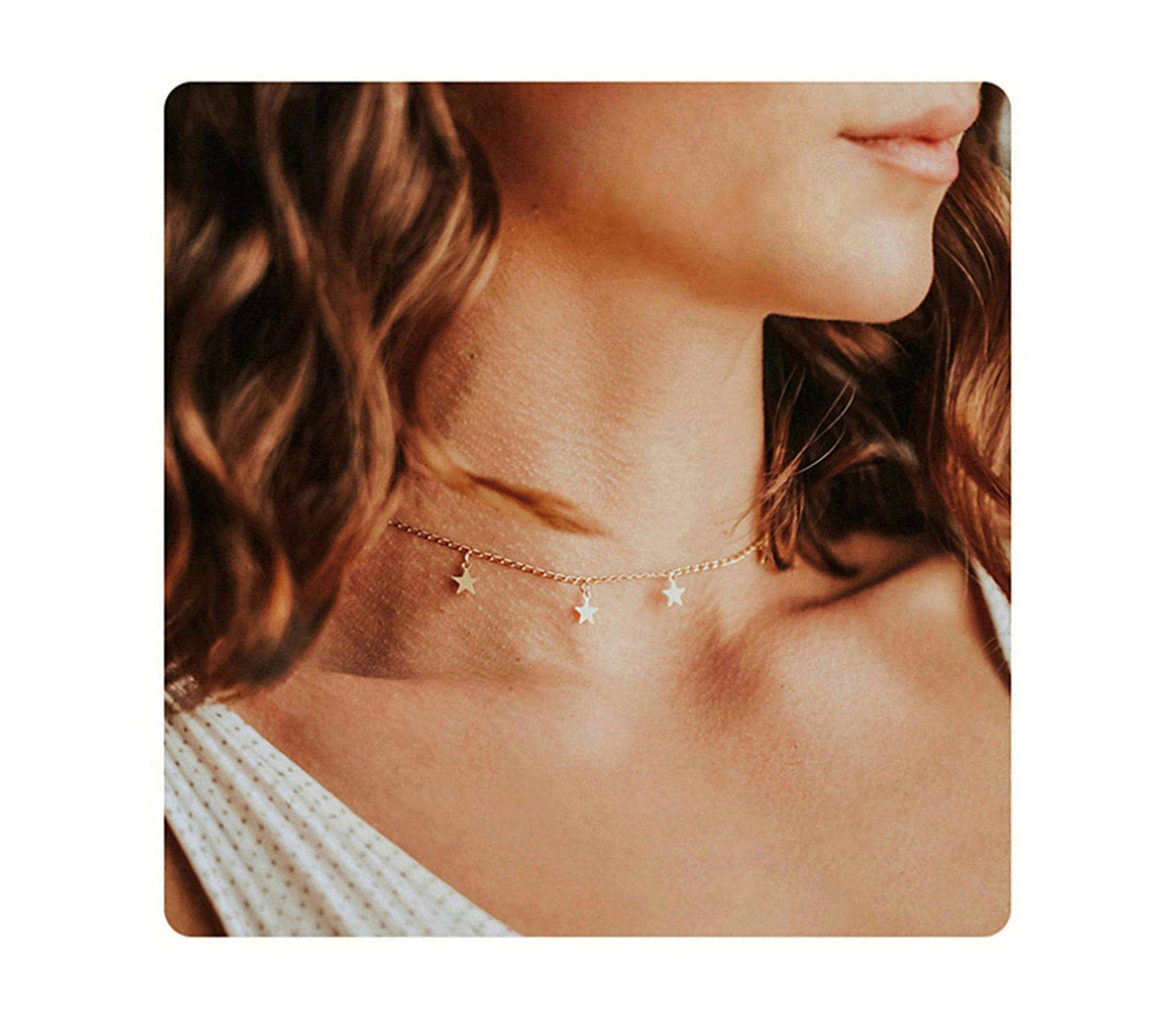S.J JEWELRY Women Simple Delicate Full Moon 14K Gold Plated/Rose Gold/Silver Plated Layered Pendant Handmade Star Chokers Necklaces CK-Star
