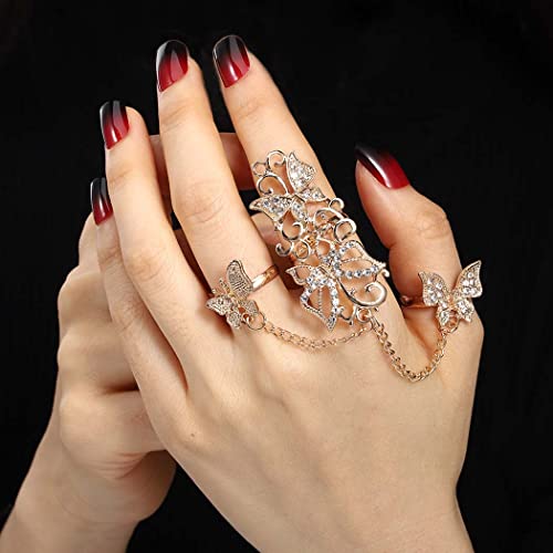 Yalice Charm Butterfly Full Finger Ring Bracelets Crystal Knuckle Open Ring Harness Hand Chains Adjustable Statement Rings Jewelry for Women and Girls Gift