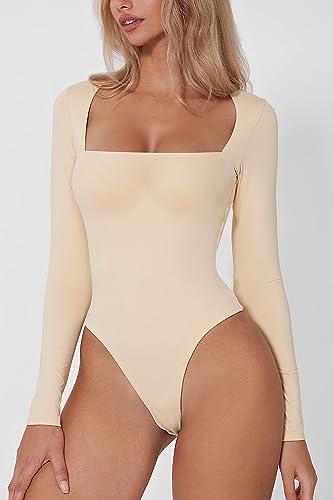 QINSEN Bodysuit Shirts for Women Square Neck Long Sleeve Shirt Double Lined Tops Marzipan M