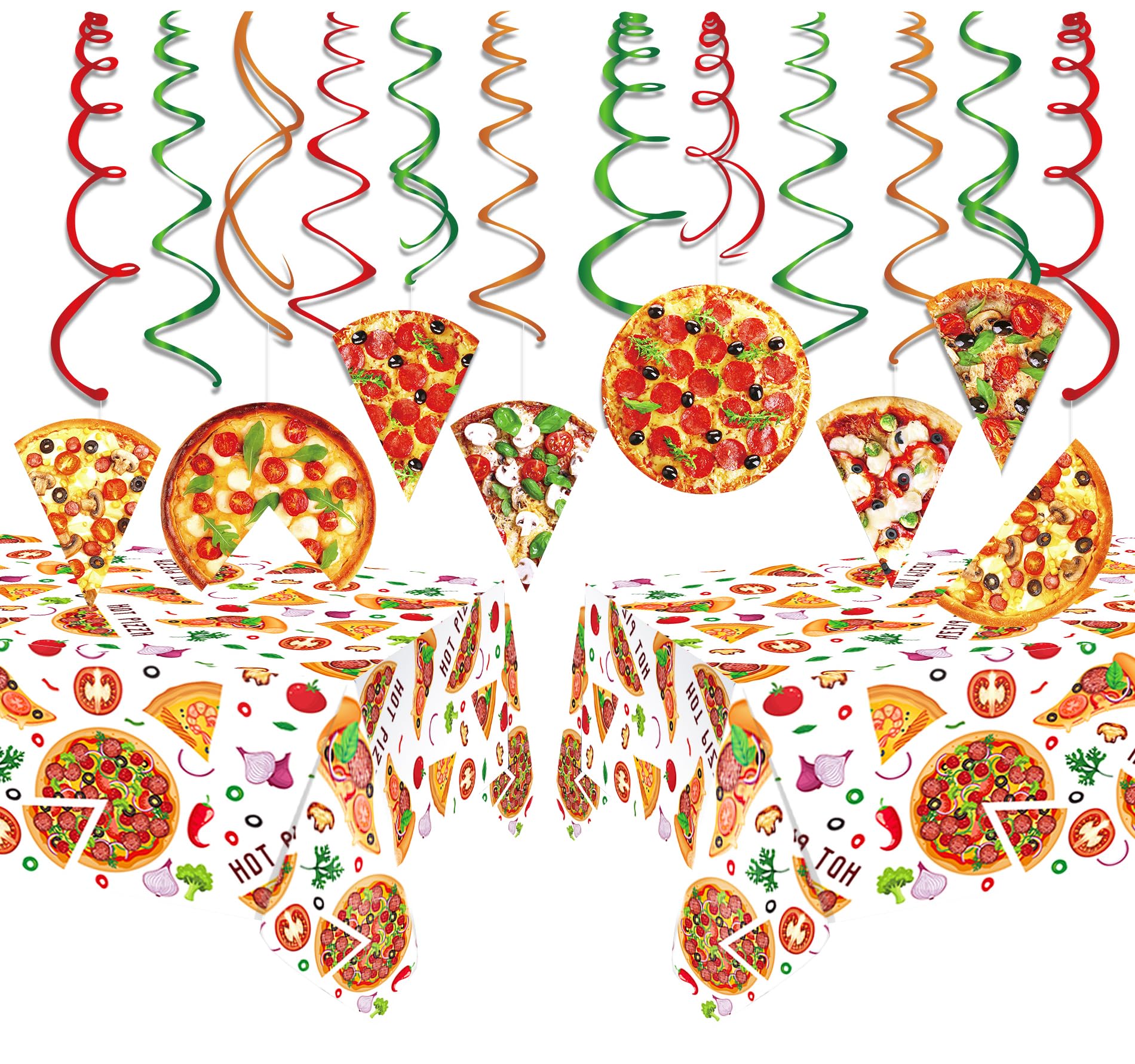 Pizza Party Decorations Theme Supplies Rectangular Tablecloth for Parties Table Covers 2Pcs Picnic Pizza Table Cloths Birthday Party Decor Hanging Swirls Streamers Hanging Decor from Ceiling