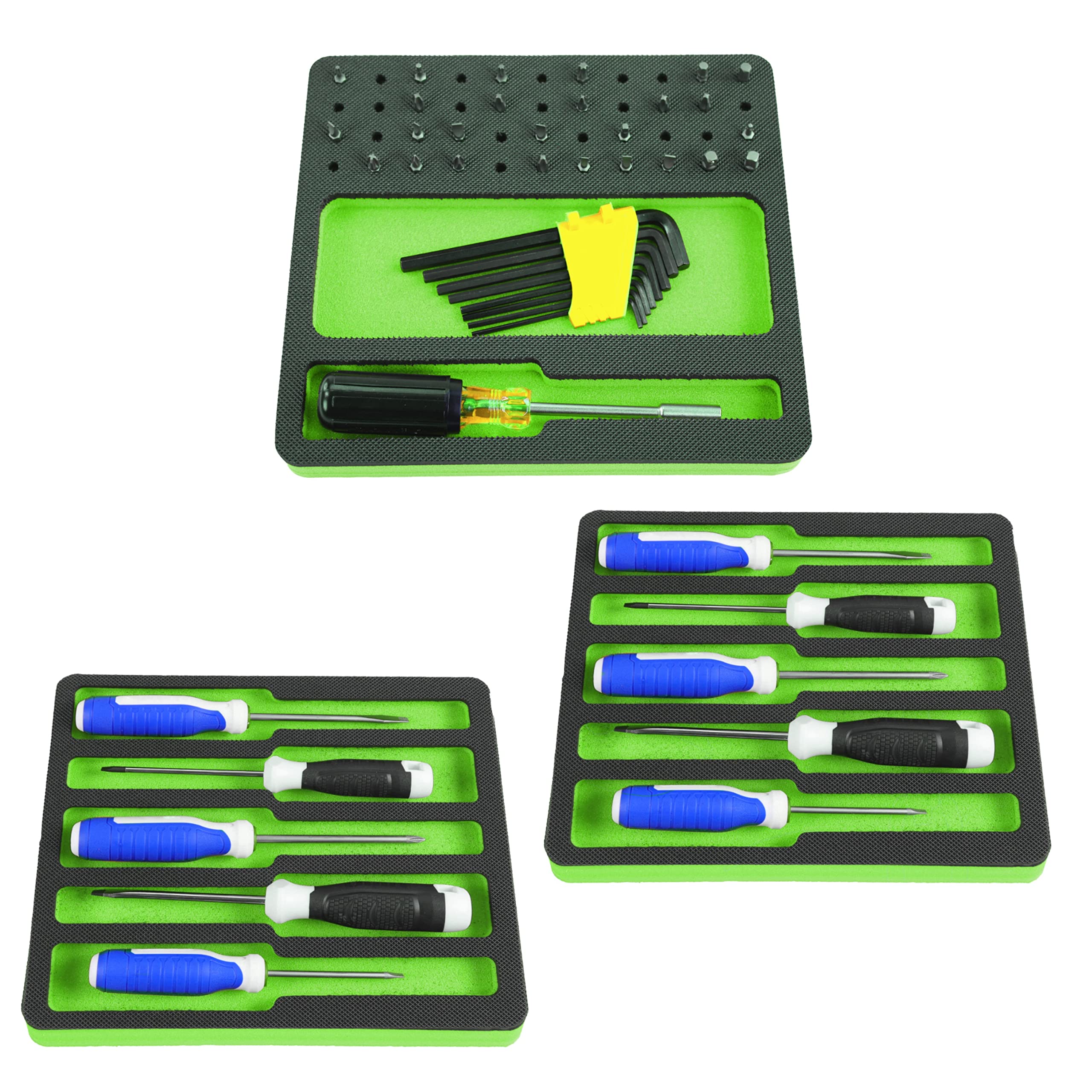 Polar Whale Tool Drawer Organizer 3-Piece Screwdriver Bit Driver Insert Set Green and Black Durable Foam Holds Many Tools 10 x 11 Inch Trays Fits Craftsman Husky Kobalt Milwaukee Many Others