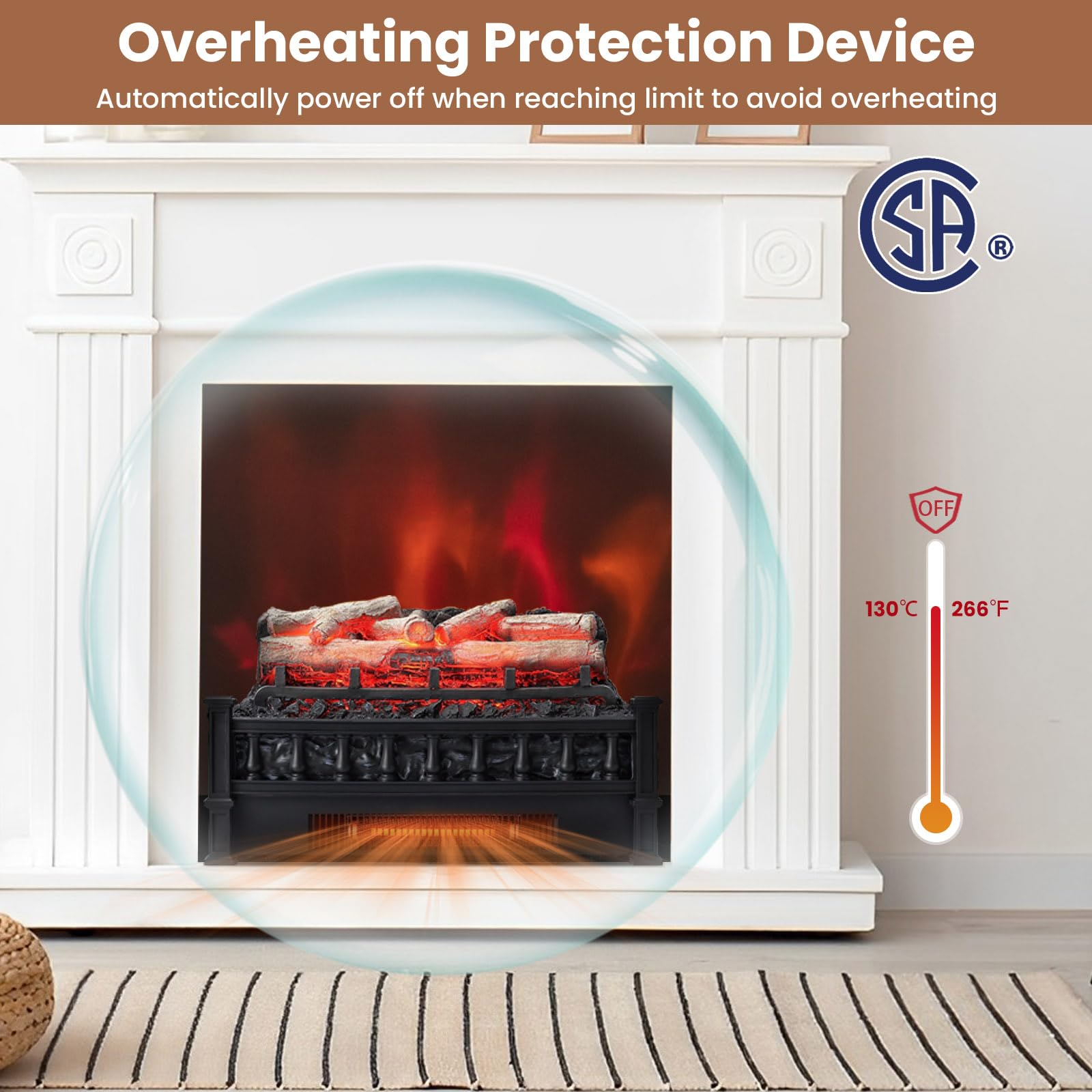 Tangkula 20” Electric Fireplace Log Set Heater with Adjustable Temp, Overheating Protection, Realistic Birch Wood Ember Bed, Infrared Quartz Electric Fireplace Insert for Home & Office Decor, 1500W