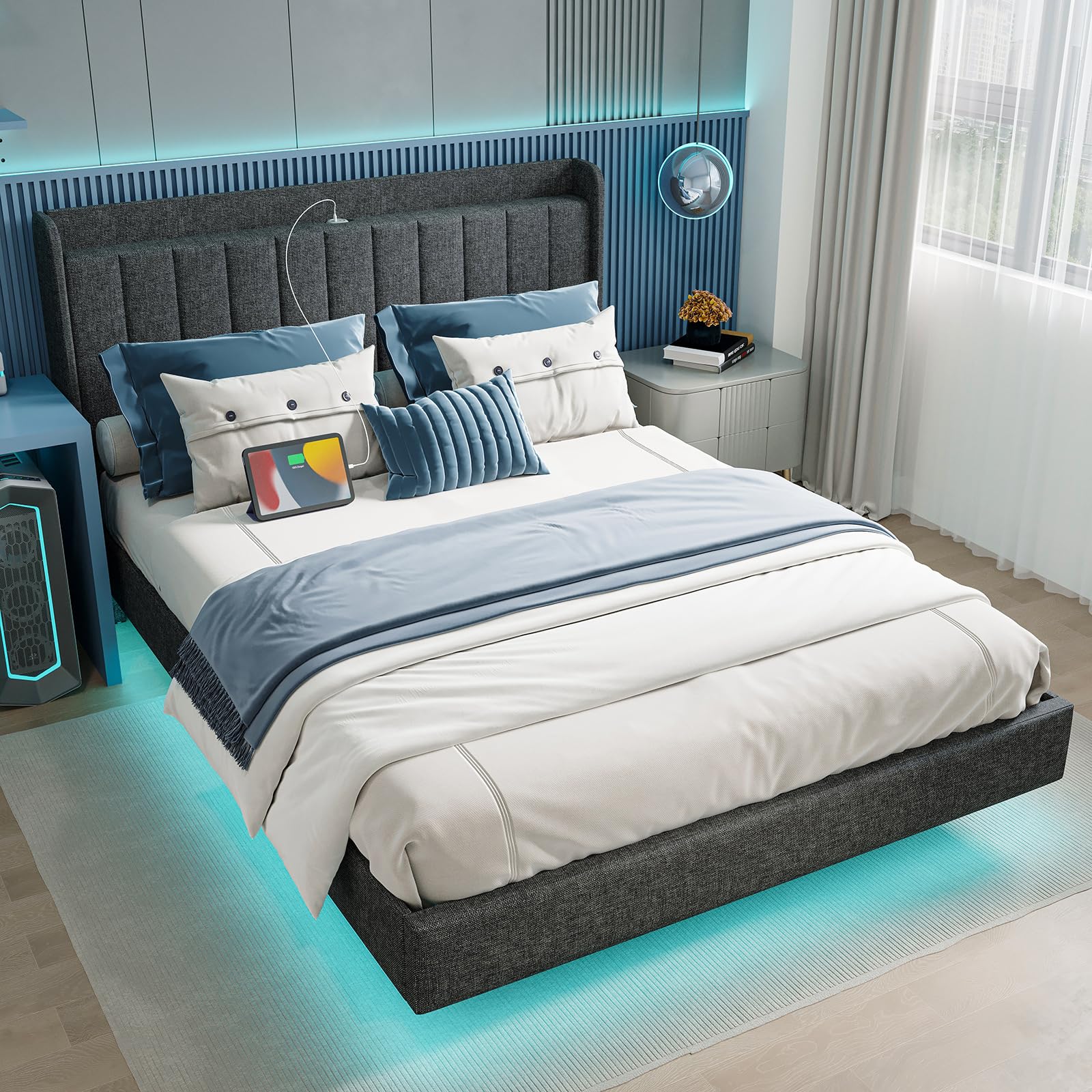 Saudism Upholstered Bed Frame with Storage Headboard, USB Ports, LED Lights - Queen Size, Floating, Noise-Free, Dark Grey