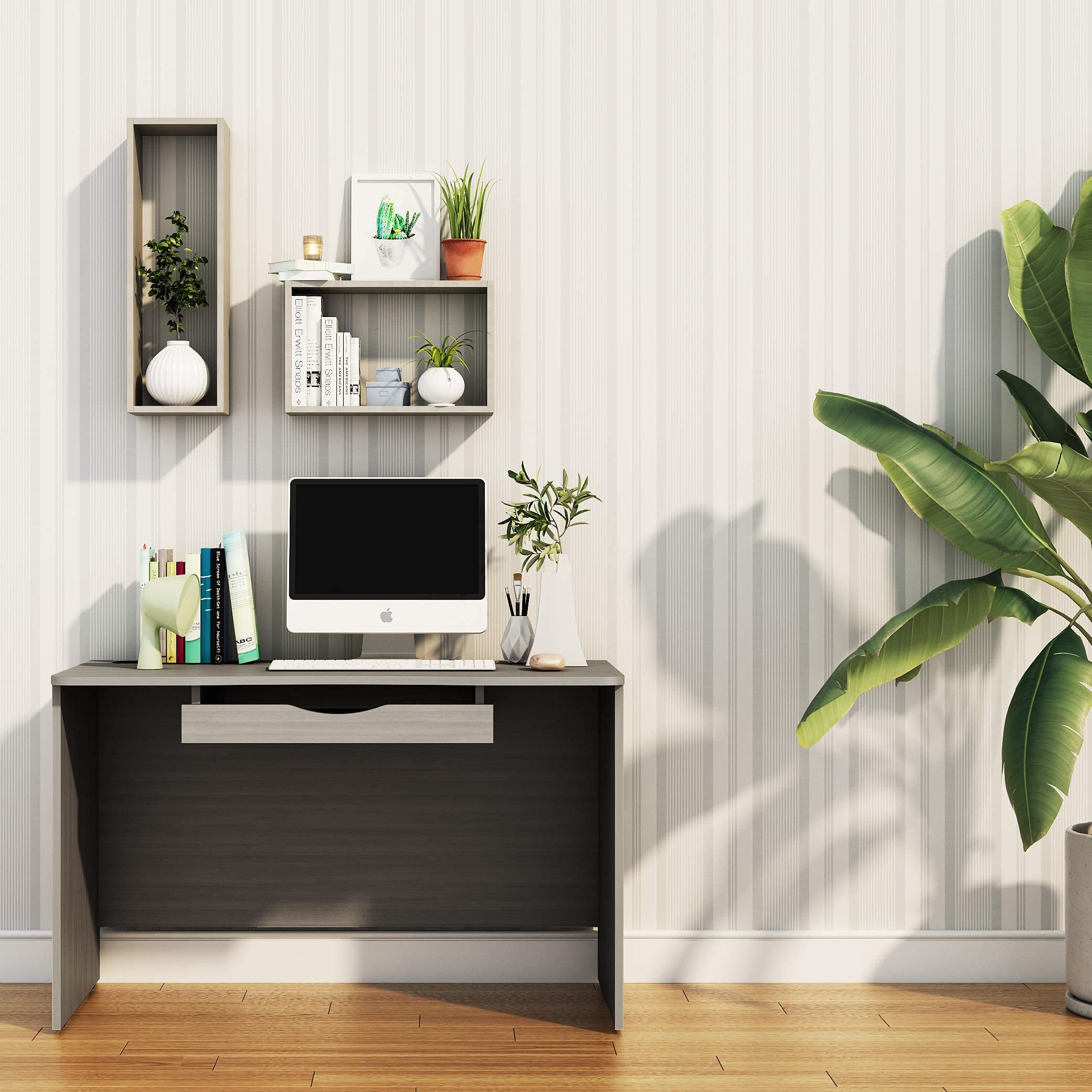 Sunon Laminate Office Desk Shell 48-inch Rectangle Curved Computer Gaming Desk Shell with Keyboard Tray for Home Office (L48''xW24''xH30''/120x60x75cm, Grey)