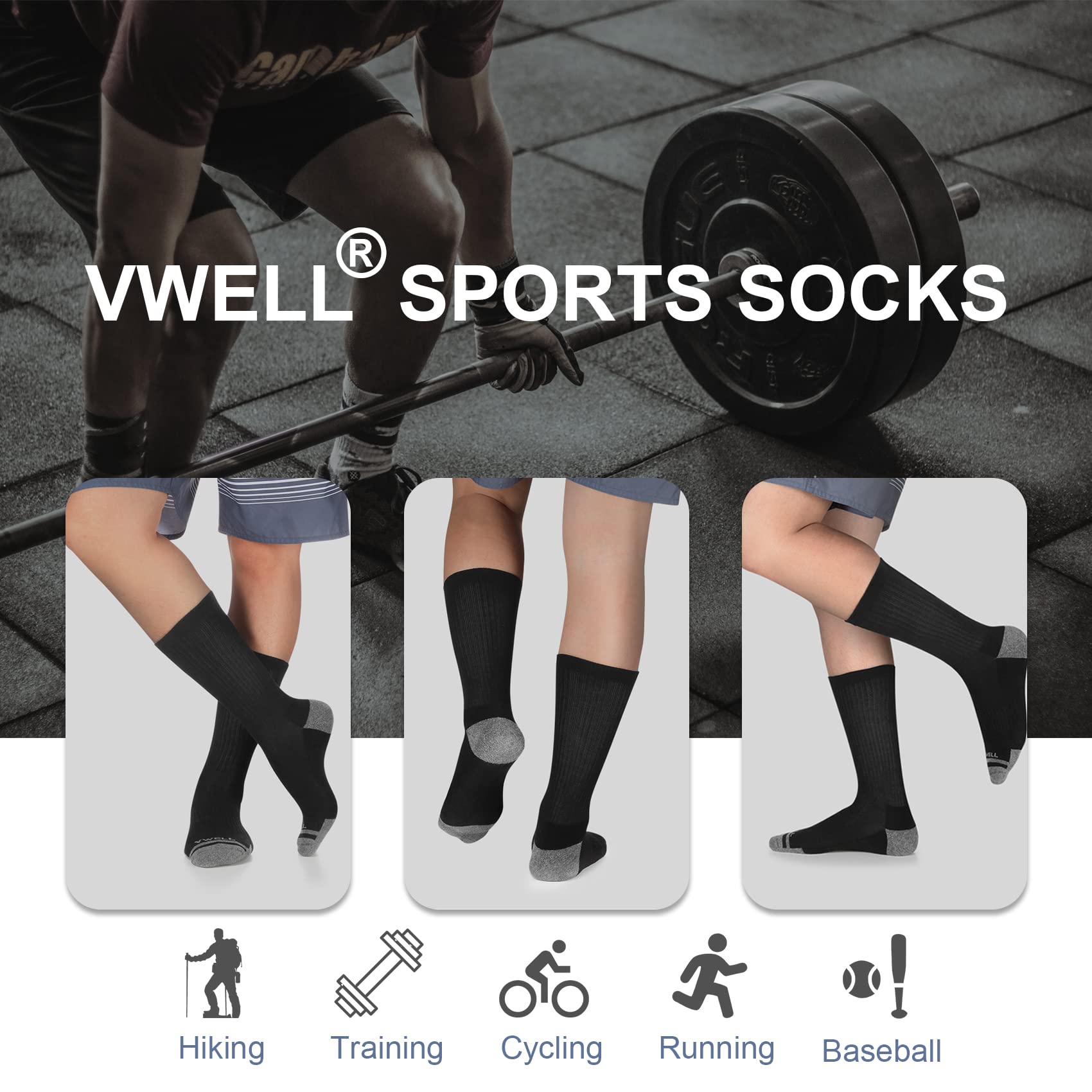 VWELL Mens Athletic Crew Socks, 8 Pairs Cotton Cushioned Moisture Control Work Boot Socks