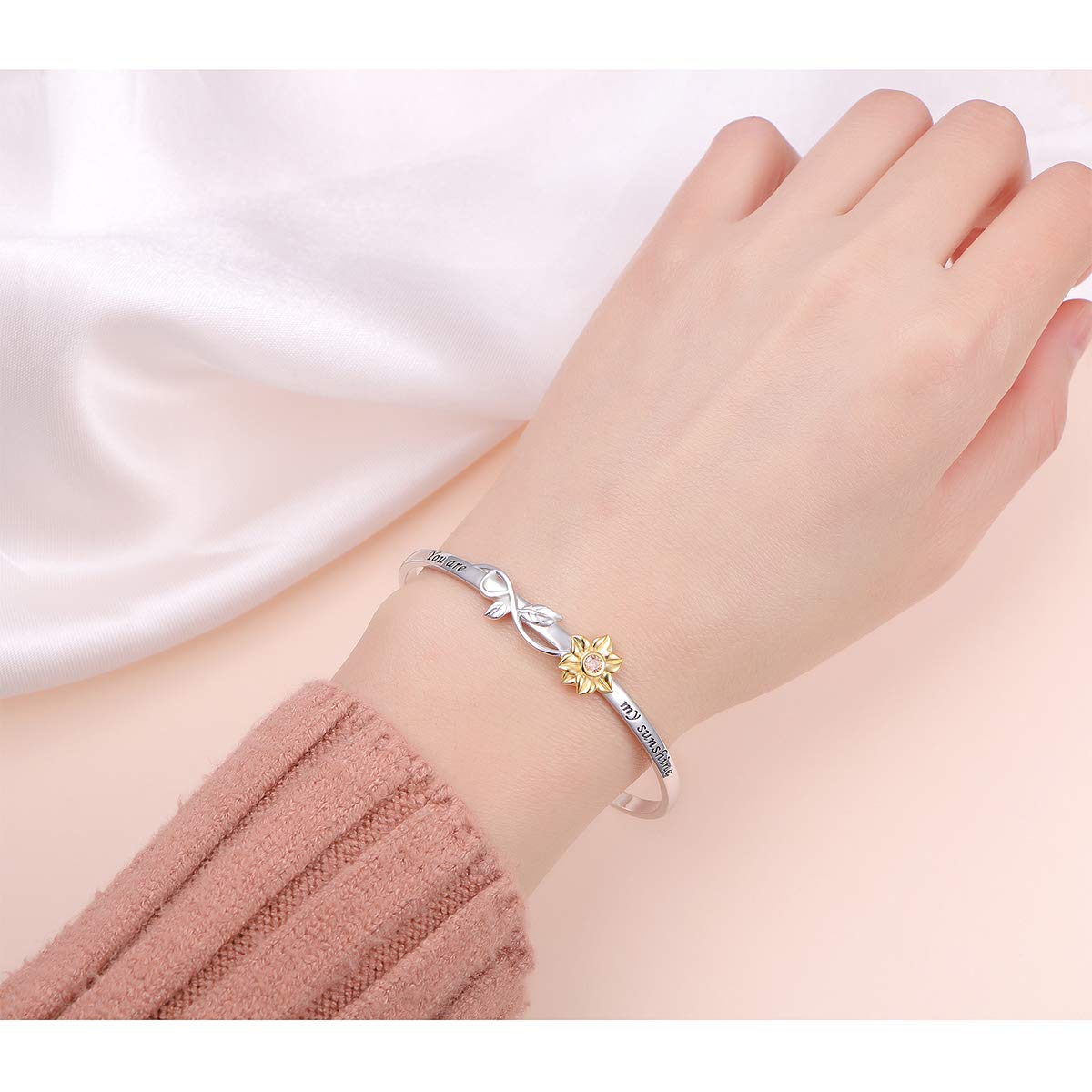 S925 Sterling Silver Sunflower with CZ Engraved You Are My Sunshine Bangle for Women 18" (Bangle)