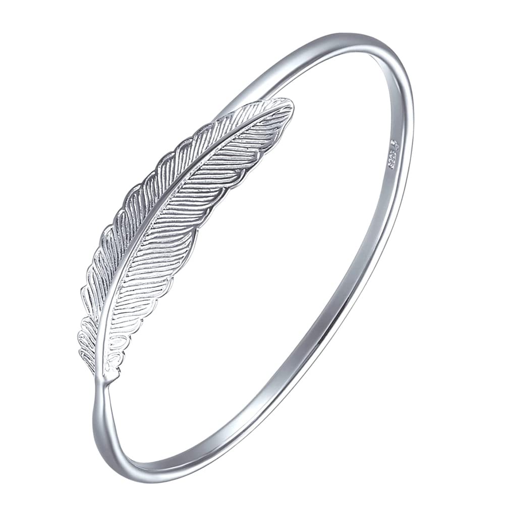 SA SILVERAGE Bangle Bracelets for Women 925 Sterling Silver Feather Cuff Bracelet, Friendship Bangles Classic Silver Jewelry Best Friend Birthday Gifts