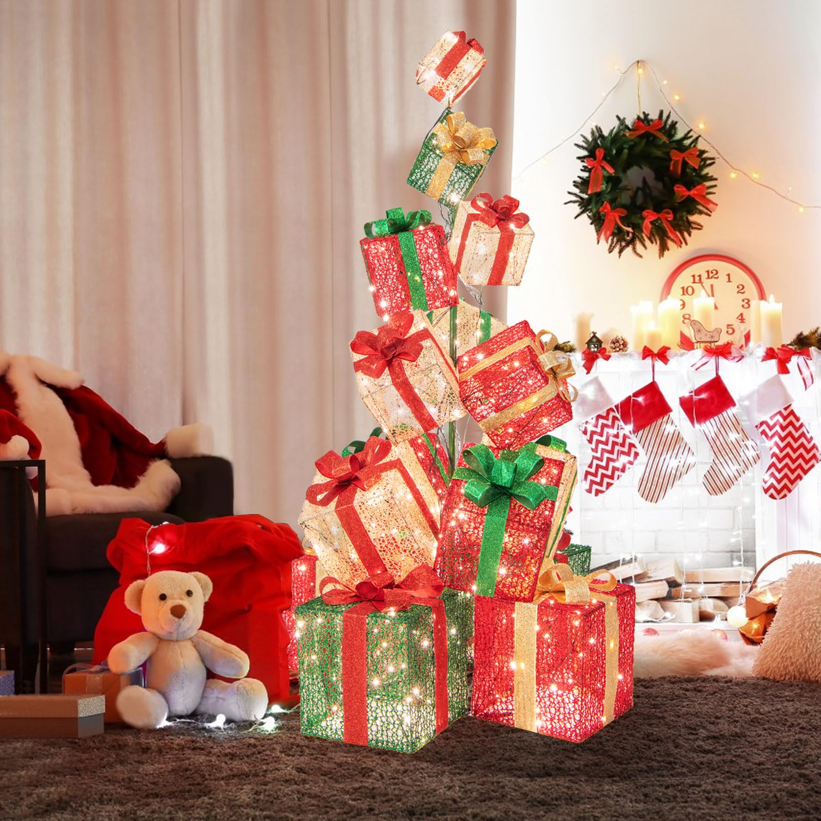 Tangkula 5.6 FT Lighted Box Tower, 15 Stacked Pre-lit Boxes with 450 Warm White Lights, Metal Base, Ribbons & Bows, Light up Gift Box Decorations for Indoor Outdoor