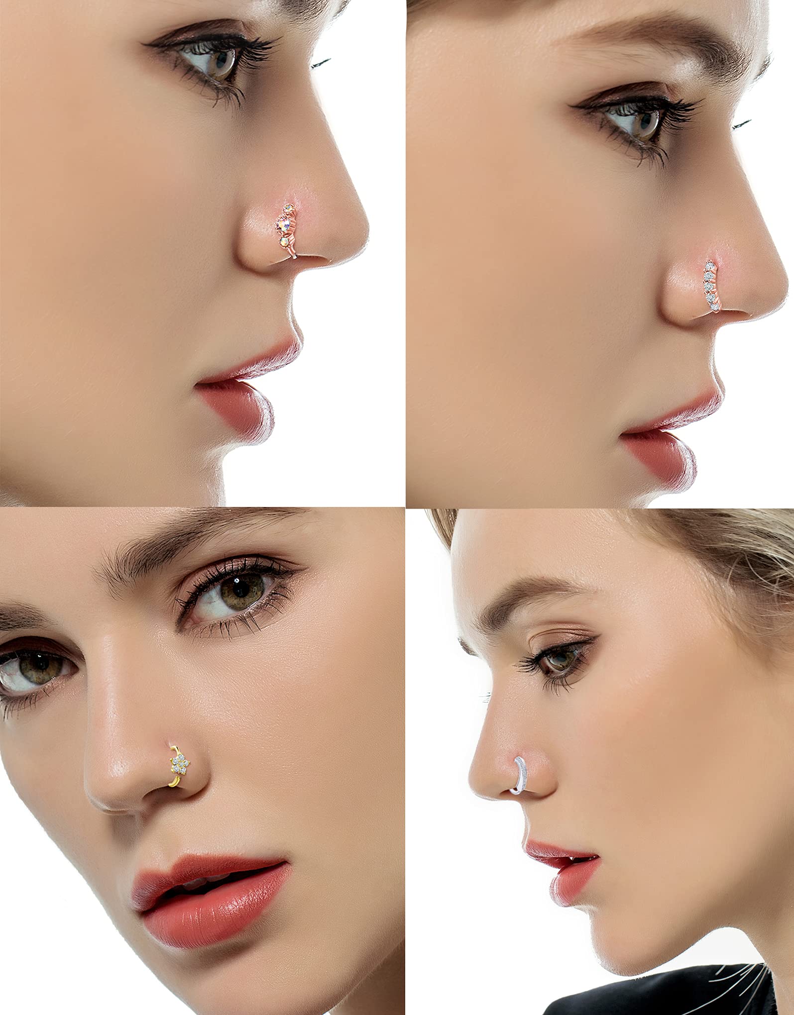 Tornito 10Pcs Nose Ring Hoop Paved Flower Leaf Feather CZ Cartilage Earrings Nose Piercing Jewelry for Women Men Gold Tone 20G