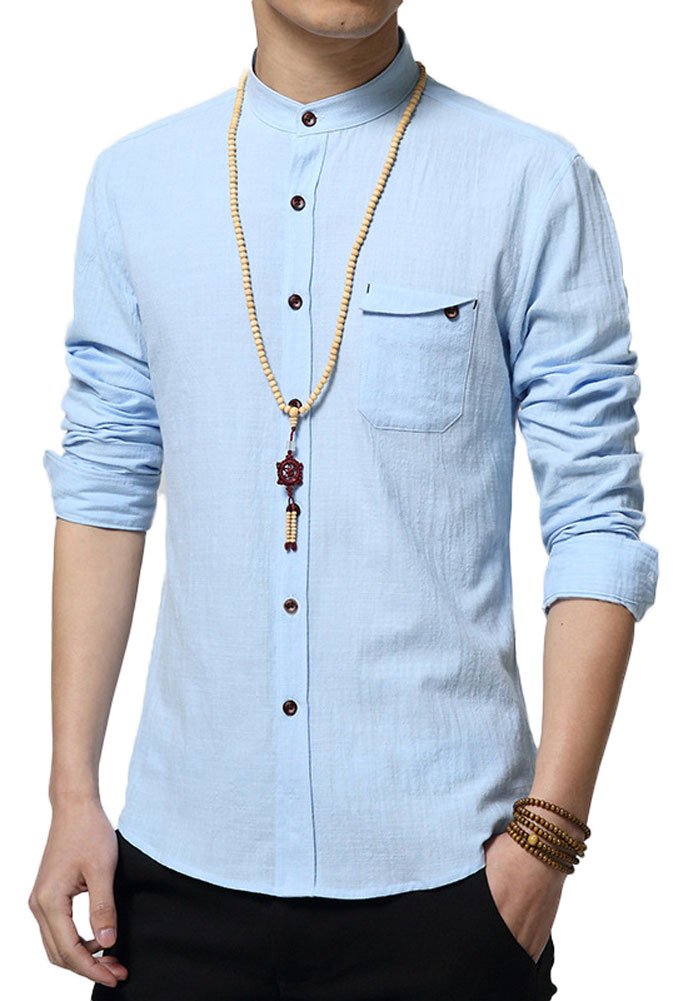 Plaid&Plain Men’s Long Sleeve Mandarin Collar Shirts Men’s Slim Fit Linen Shirt L-Blue L