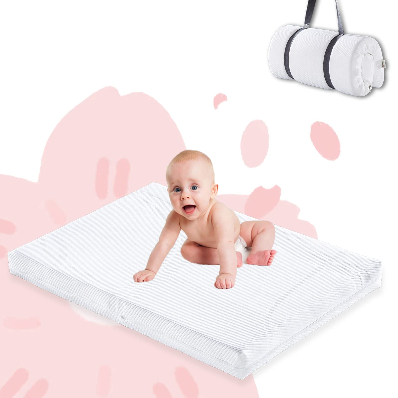 Ustenroya White Pack n Play Mattress 3" Thick Crib Mattress Pad Fit 38 x 26 Play Pen, Lightweight Mini Mattress Nap Mat, Portable Baby Travel Mattresses with Removable, Washable, Mattress Cover
