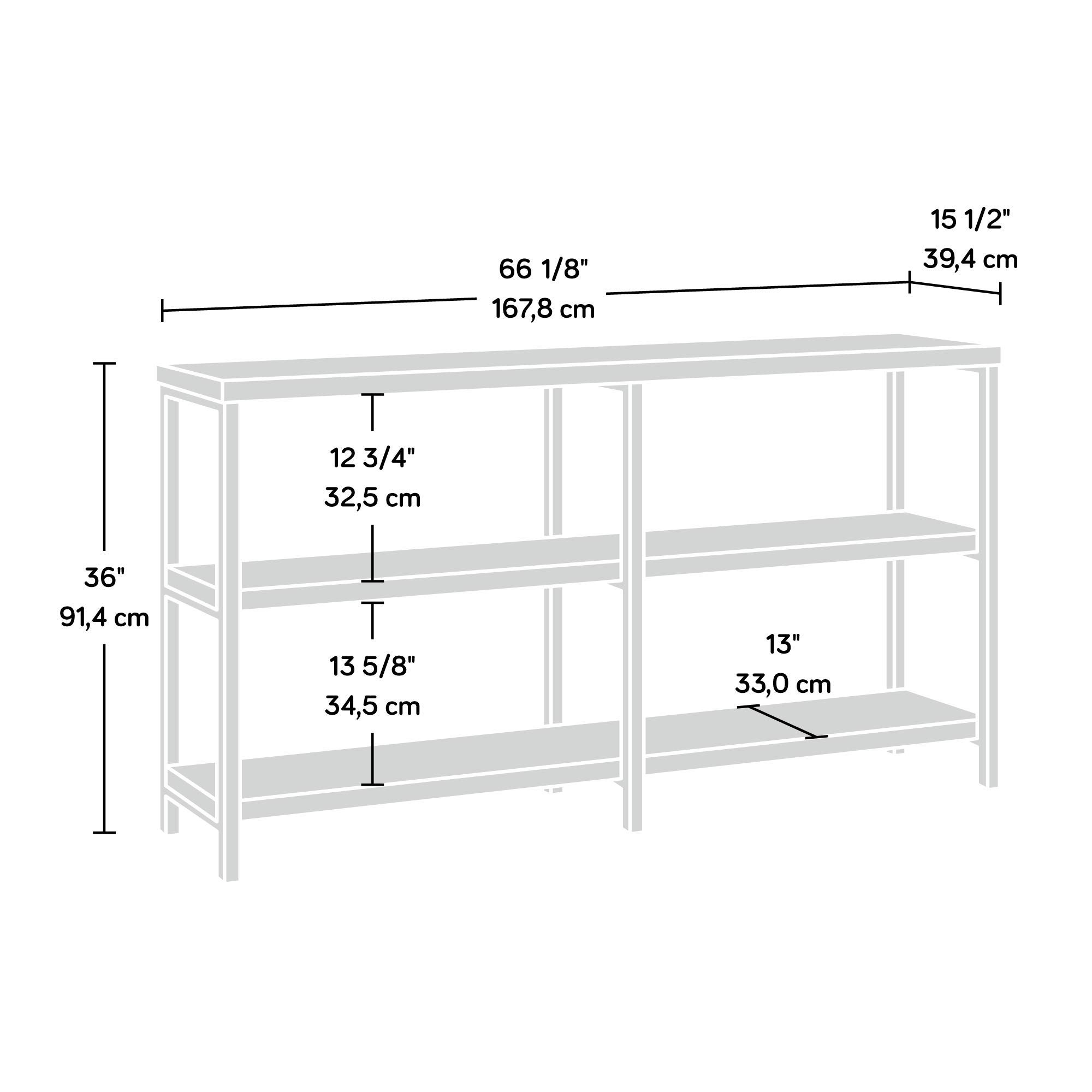 Sauder Manhattan Gate Console Table/Book Shelf, L: 66.02" x W: 15.59" x H: 35.83", Mystic Oak Finish