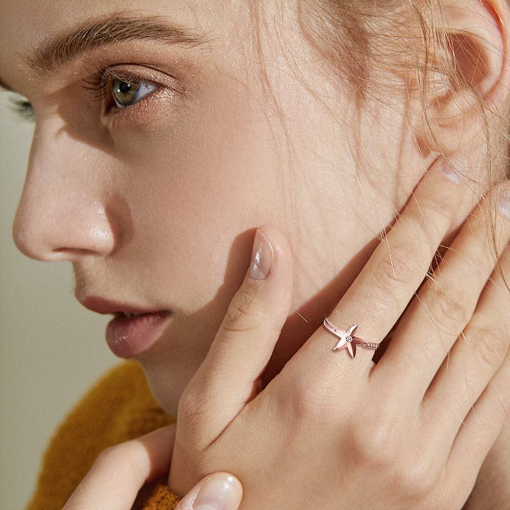 Rose Gold Plated Sterling Silver Starfish Open Ring for Women Teens, Aniamal Jewelry Gifts for Her, (Adjustable Size 6.5-7.5)