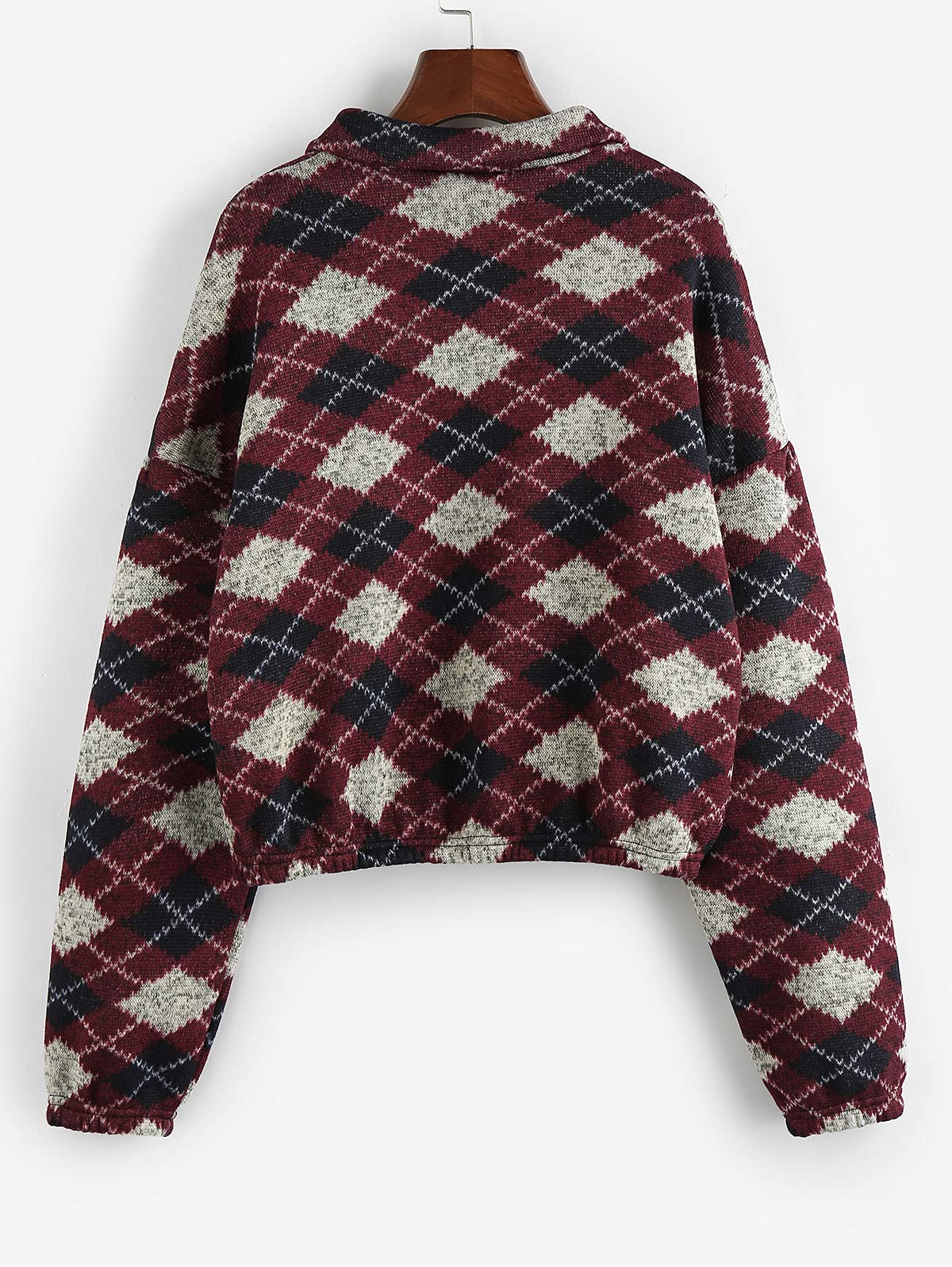 ZAFUL Women's Fashion Long Sleeve Lapel Half Zip Plain Faux Fur Sweatshirt Solid Color Crop Pullover Tops (L, Deep Red-Ethnic Print)