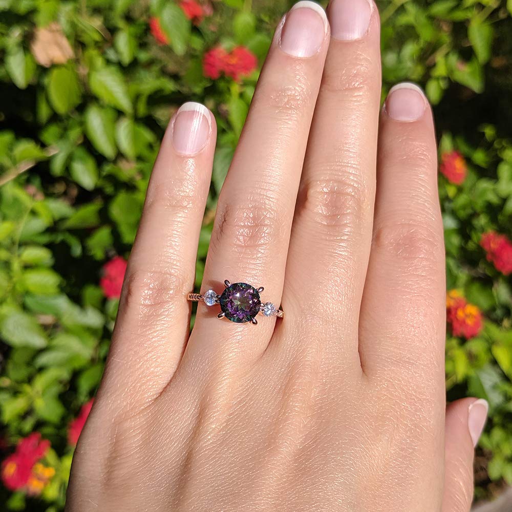 Rose Gold Plated Mystic Topaz Simulant CZ Synthetic Diamond Floral Design Border Round Engagement Ring Bridal Set Trio Ring Stack (Size 7)