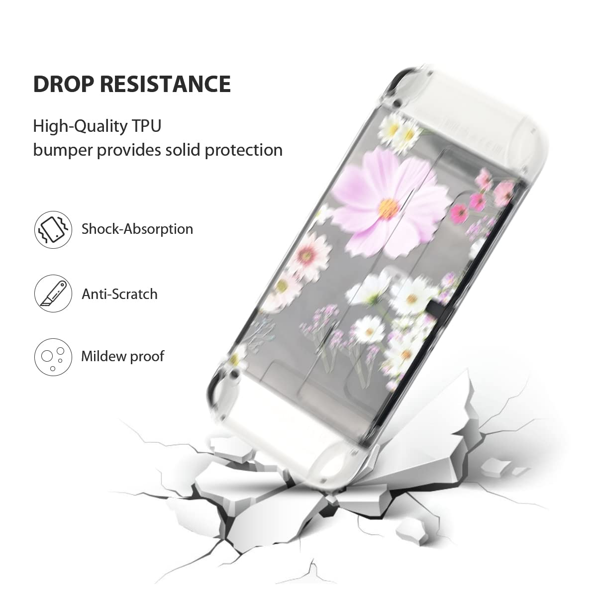 Switch OLED Case Clear Protective Case for Nintendo Switch OLED Model 2021, Dockable Flip Case for Switch OLED and Joy-Con Controller Grip Case with Screen Protector & 2 Thumb Grip Caps, Pink Flower