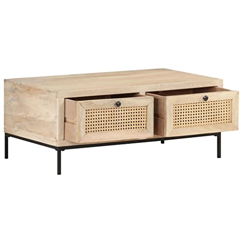 QJBSAVVA Coffee Table 35.4"x19.7"x14.6" Solid Mango Wood and Natural Cane,Entrance Table Tray Tables Center Table Low Table Suitable for Meeting Rooms, Reception Rooms, Offices