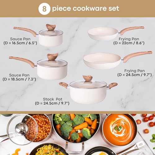 Pots and Pans Set Non Stick – Induction Hob Pot Set with Lids– 8pcs Kitchen Cookware Sets – Cooking Cream Granite Saucepan Pots and Frying Pans – by Nuovva