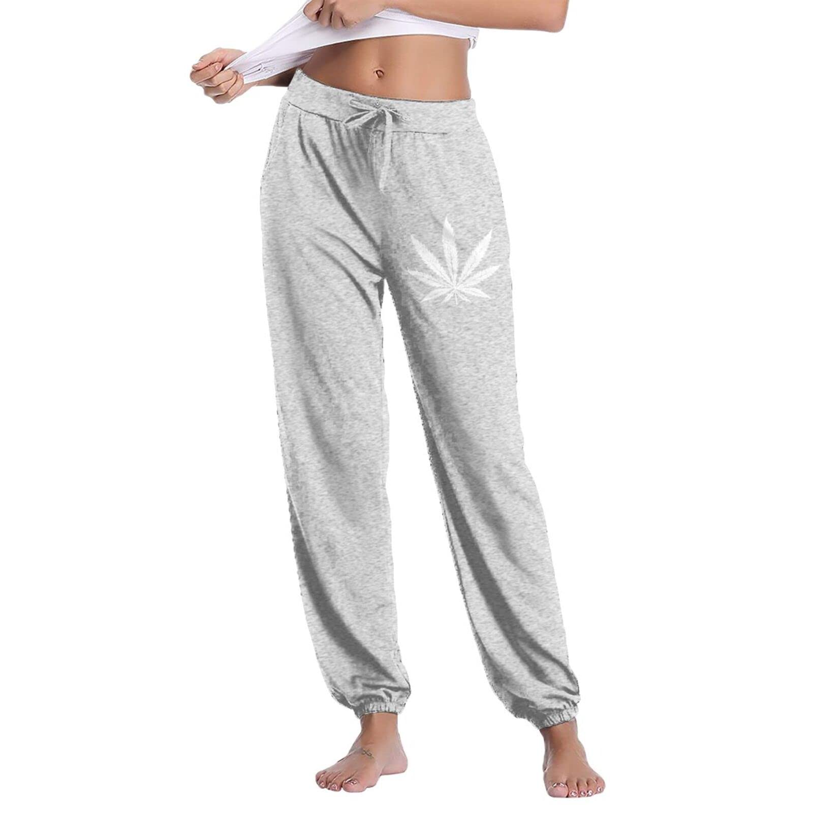 White Weed Leaf Women's Casual Yoga Sweatpants Athletic Workout Elastic Waist Jogger Pants Large