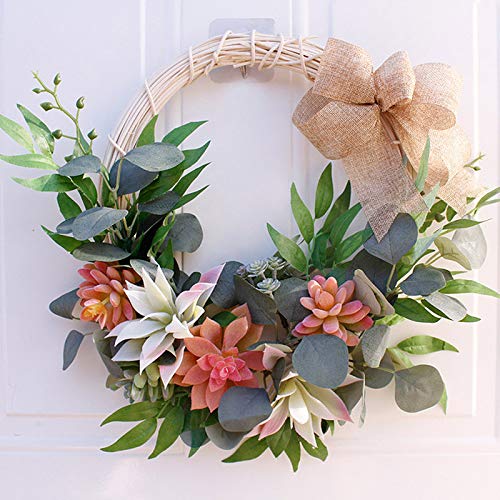 SYLOTS Artificial Succulent Wreath Door with Knotted Bow, Lrnn Fake Leaves Wreath Succulent Plants Hanging Wall Window Party Decoration for The Front Door, Home Decor in Summer and Fall, Weddings