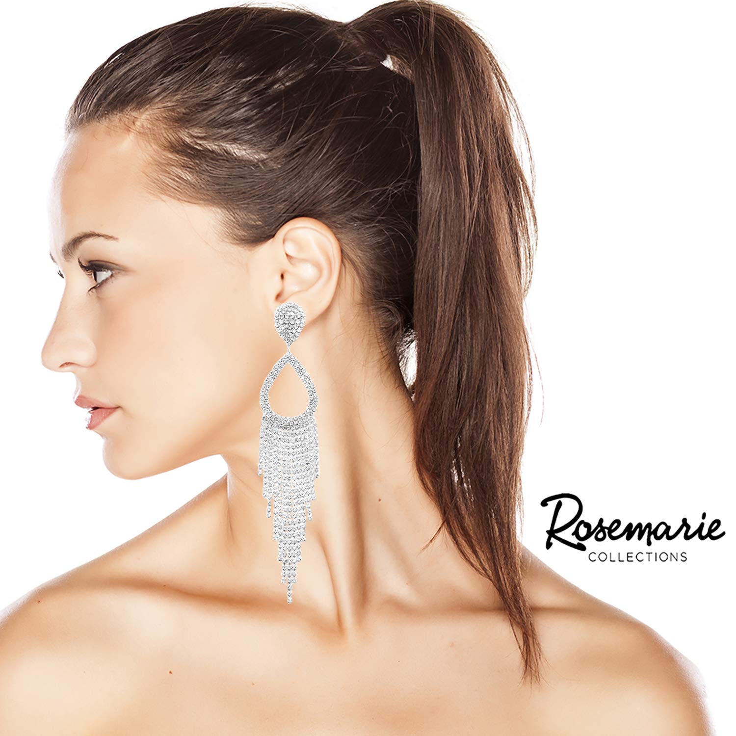 Rosemarie Collections Women's Stunning Bejeweled Crystal Rhinestone Teardrop Fringe Statement Shoulder Duster Earrings, 5.75" (CLIP ON Silver Tone)