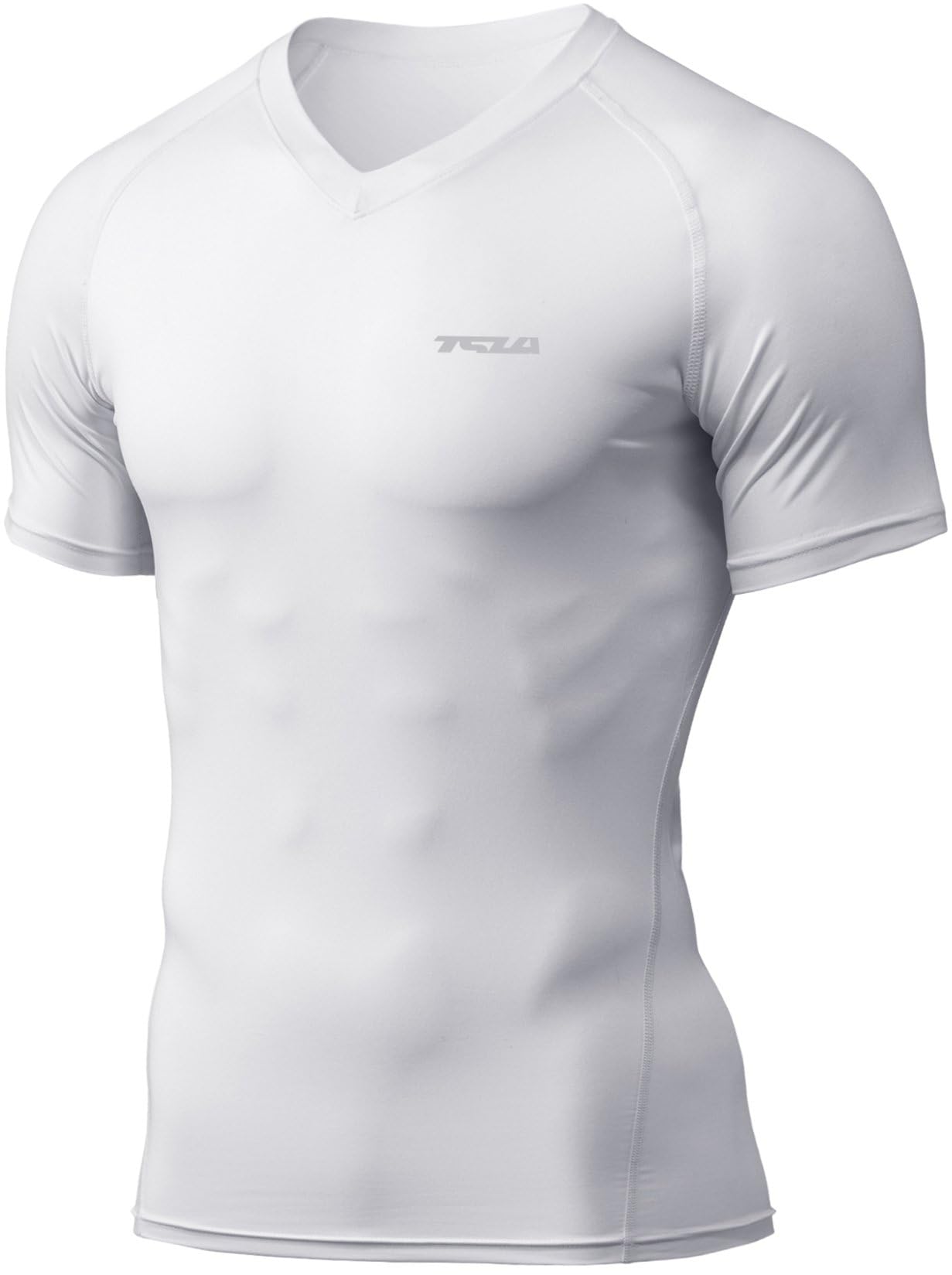 TSLA Men's Tactical Cool Dry Short Sleeve Compression Shirts, Athletic Workout Shirt, Active Outdoor Base Layer T-Shirts, V Neck Shirt White, Large