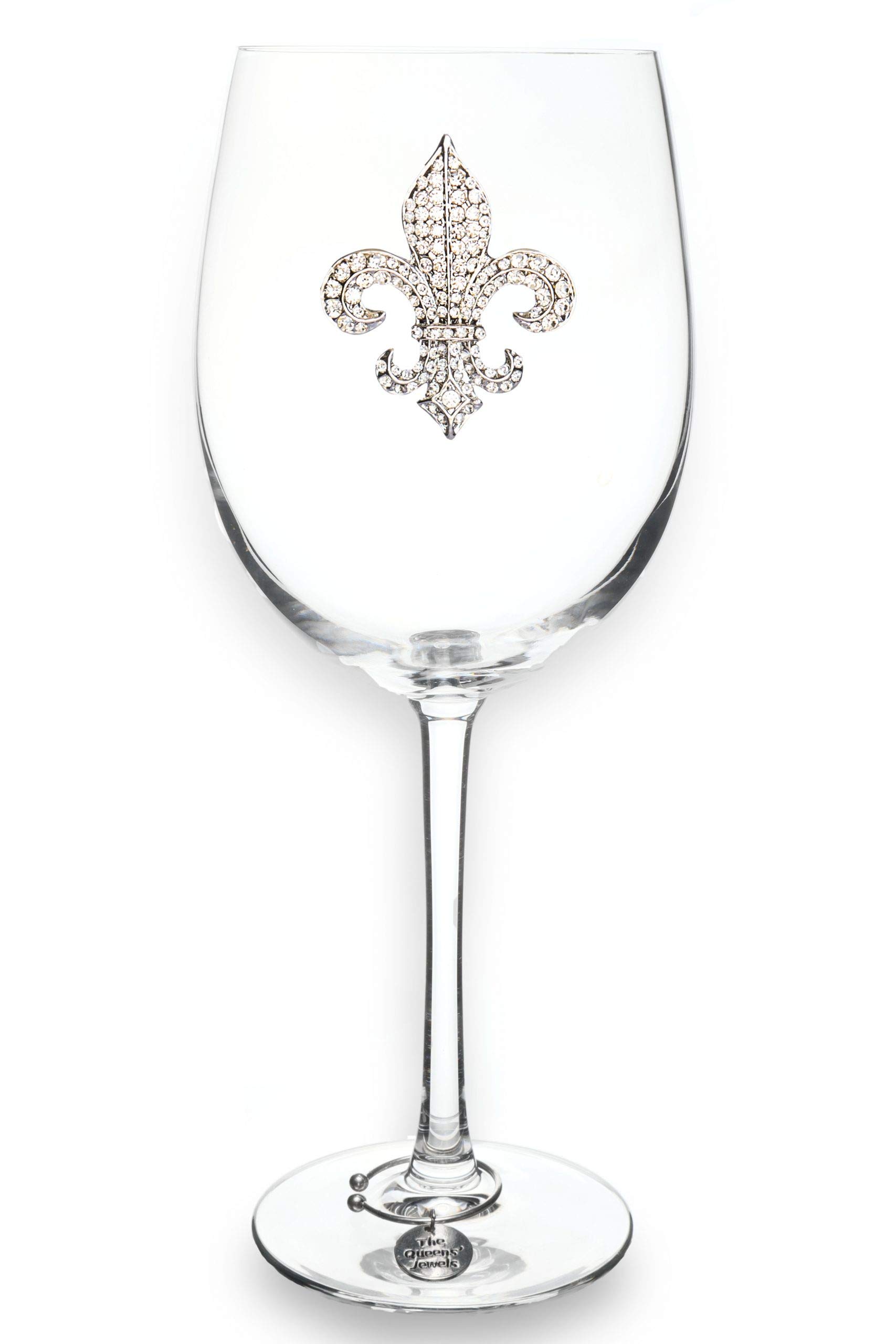 THE QUEENS' JEWELS Diamond Fleur de Lis Jeweled Stemmed Wine Glass, 21 oz. - Unique, Birthday, Cute, Fun, Not Painted, Decorated, Bling, Bedazzled, Rhinestone