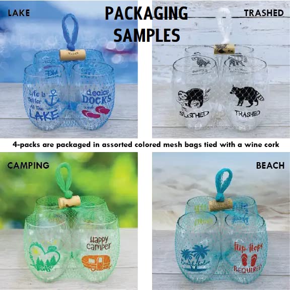 Set of 4 Shatterproof Designer 16 oz Plastic Wine Glasses MADE in the USA (LAKE)