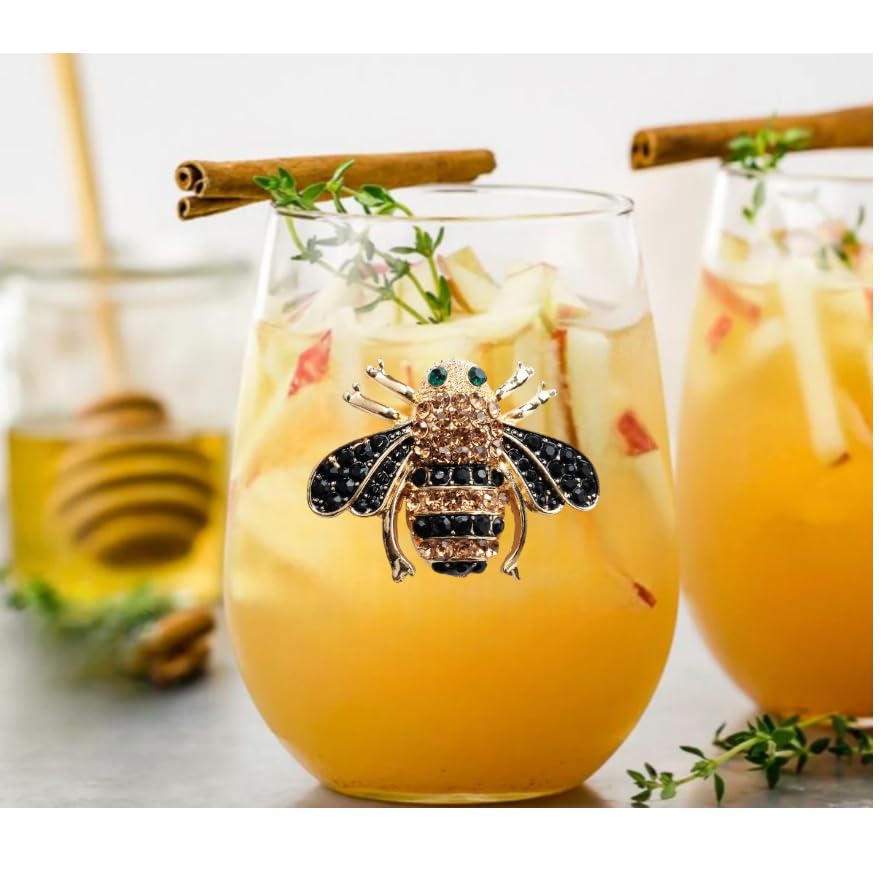 THE QUEENS' JEWELS - Bee Stemless Wine Glass, 21 oz. β Jeweled Eye-Catching Bumble Bee - Hand-Decorated Glassware β Not Painted β Dazzling and Unique