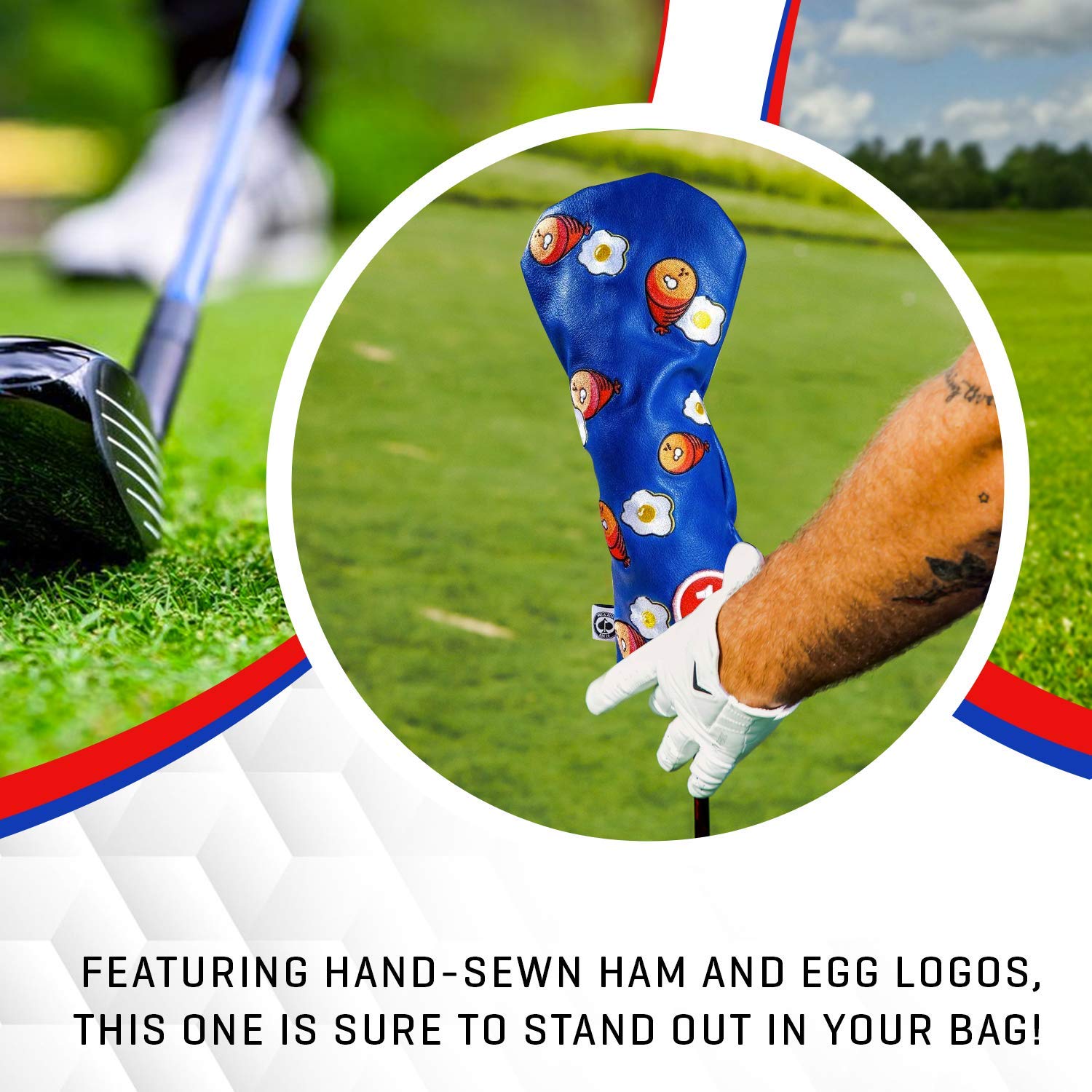 Pins & Aces Golf Co. Ham & Eggs Driver Wood Head Cover - Premium, Hand-Made Leather 1W Headcover - Funny, Tour Quality Golf Club Cover - Style and Customize Your Golf Bag (Driver)
