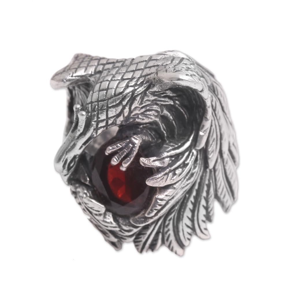 NOVICA Artisan Handcrafted .925 Sterling Silver Garnet Cocktail Ring Phoenix Red Indonesia Animal Themed Birthstone Bird 'Phoenix Flare'