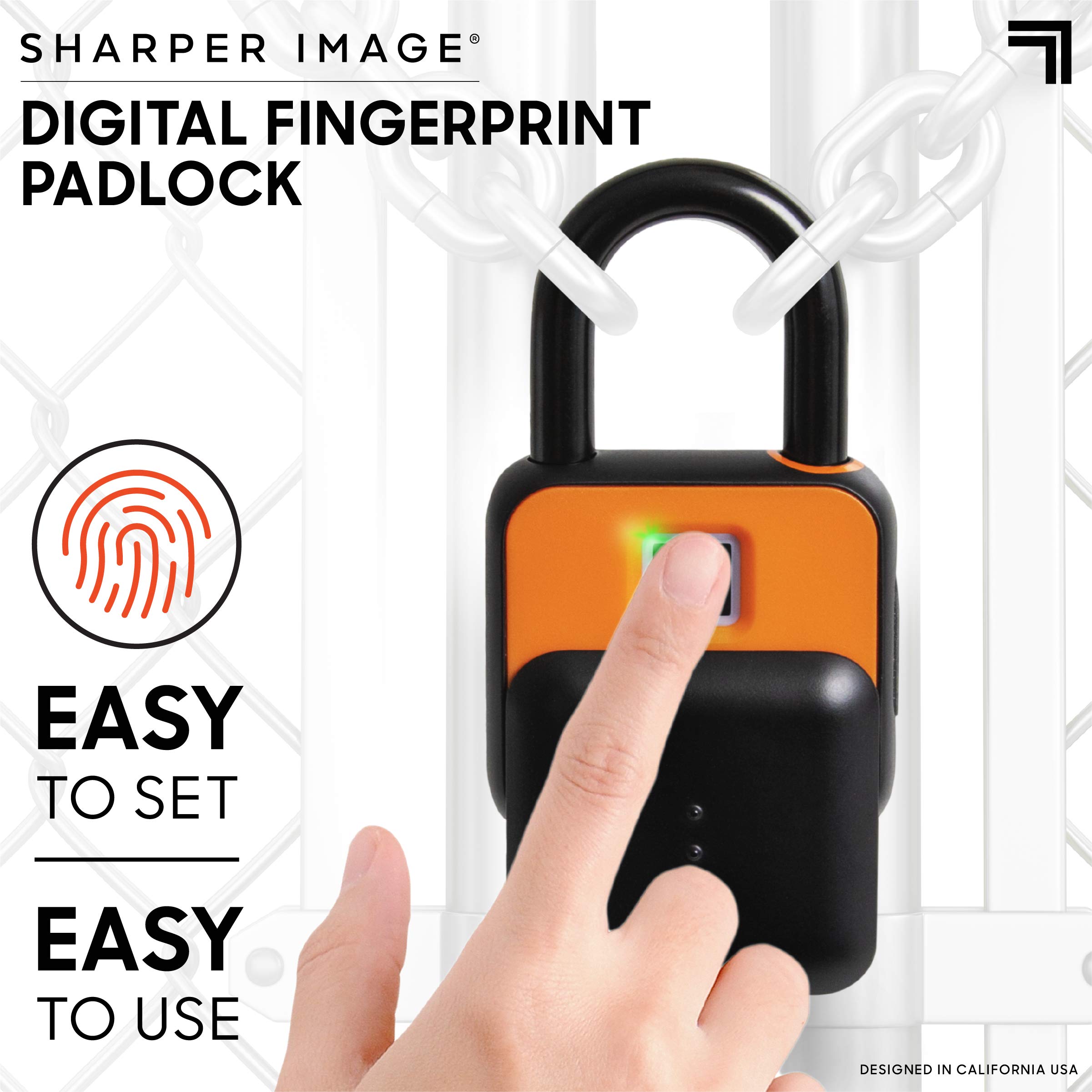 SHARPER IMAGE Fingerscan Digital Padlock, Biometric Keyless Code-Free Smart Lock, Rechargeable and IP66 Waterproof, Portable Security for Locker, Bike, Door, Gate, Home, Securely Unlock w/ Thumbprint