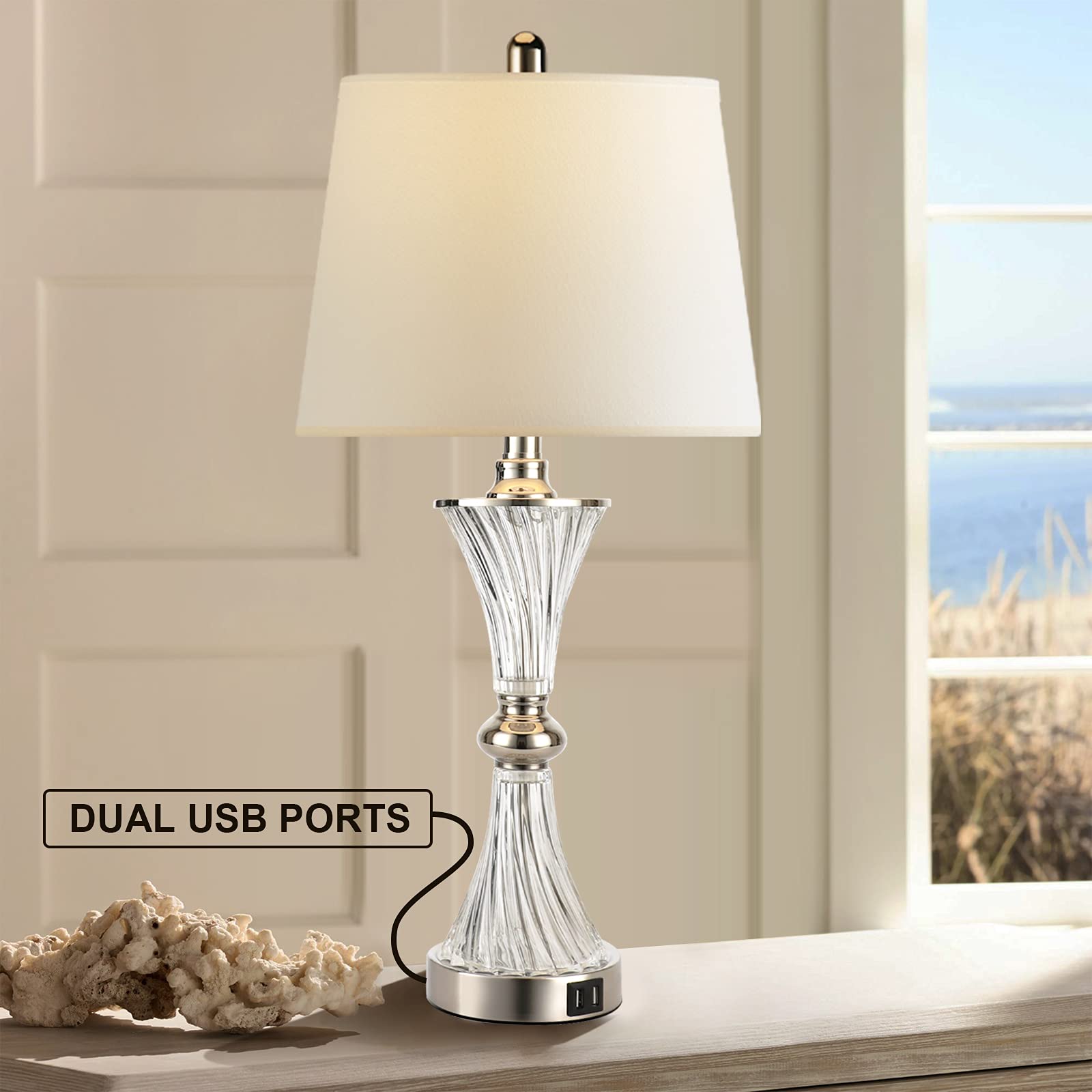 Touch Control Table Lamp for Bedrooms 3 Way Dimmable White Drum Shade Modern Bedsides Nightstand lamp Set of 2 with 2 USB Charging Port(Bulbs Included)