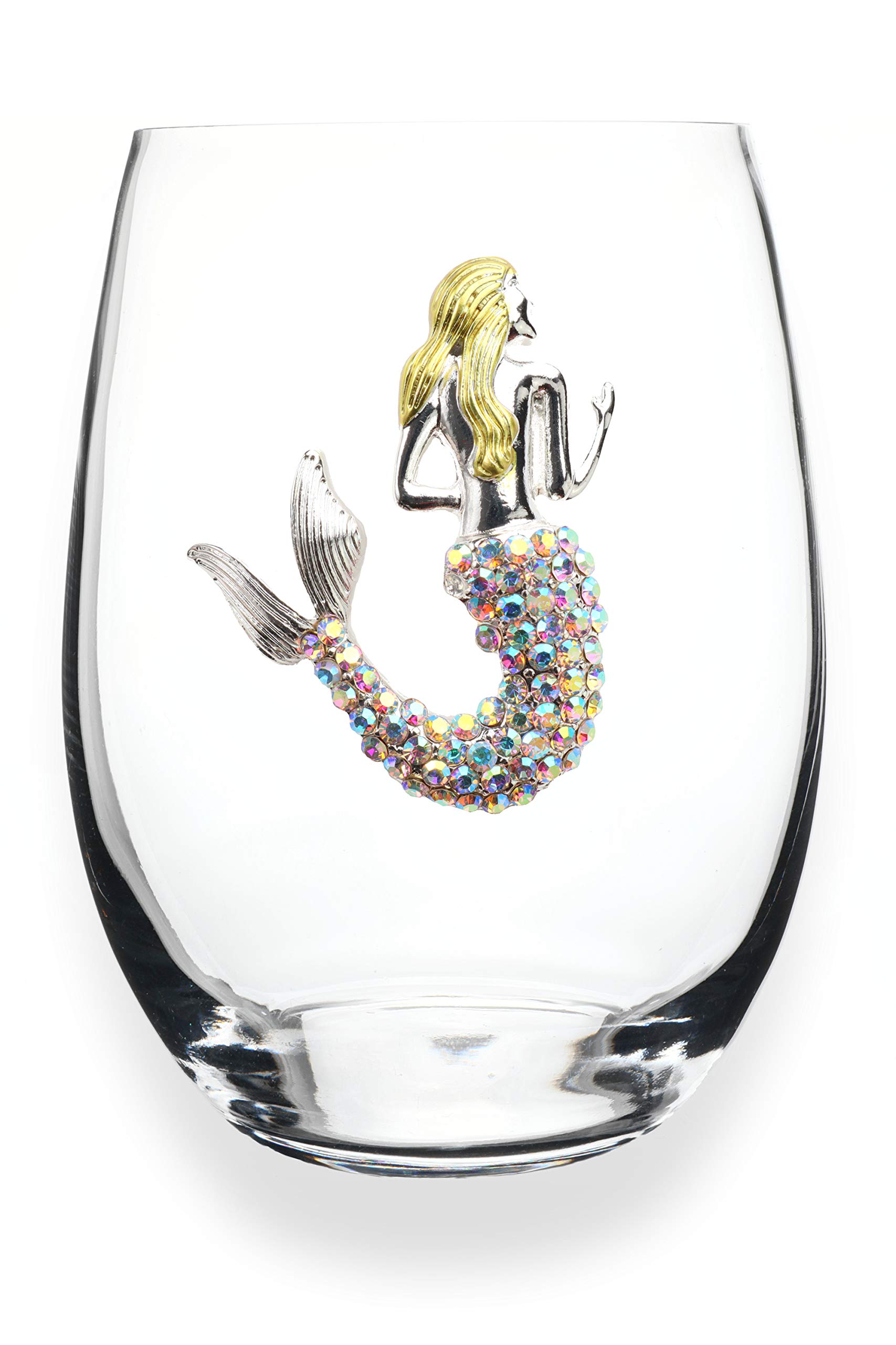 THE QUEENS' JEWELS Aurora Borealis Mermaid Jeweled Stemless Wine Glass, 21 oz. - Unique Gift for Women, Birthday, Cute, Fun, Not Painted, Decorated, Bling, Bedazzled, Rhinestone