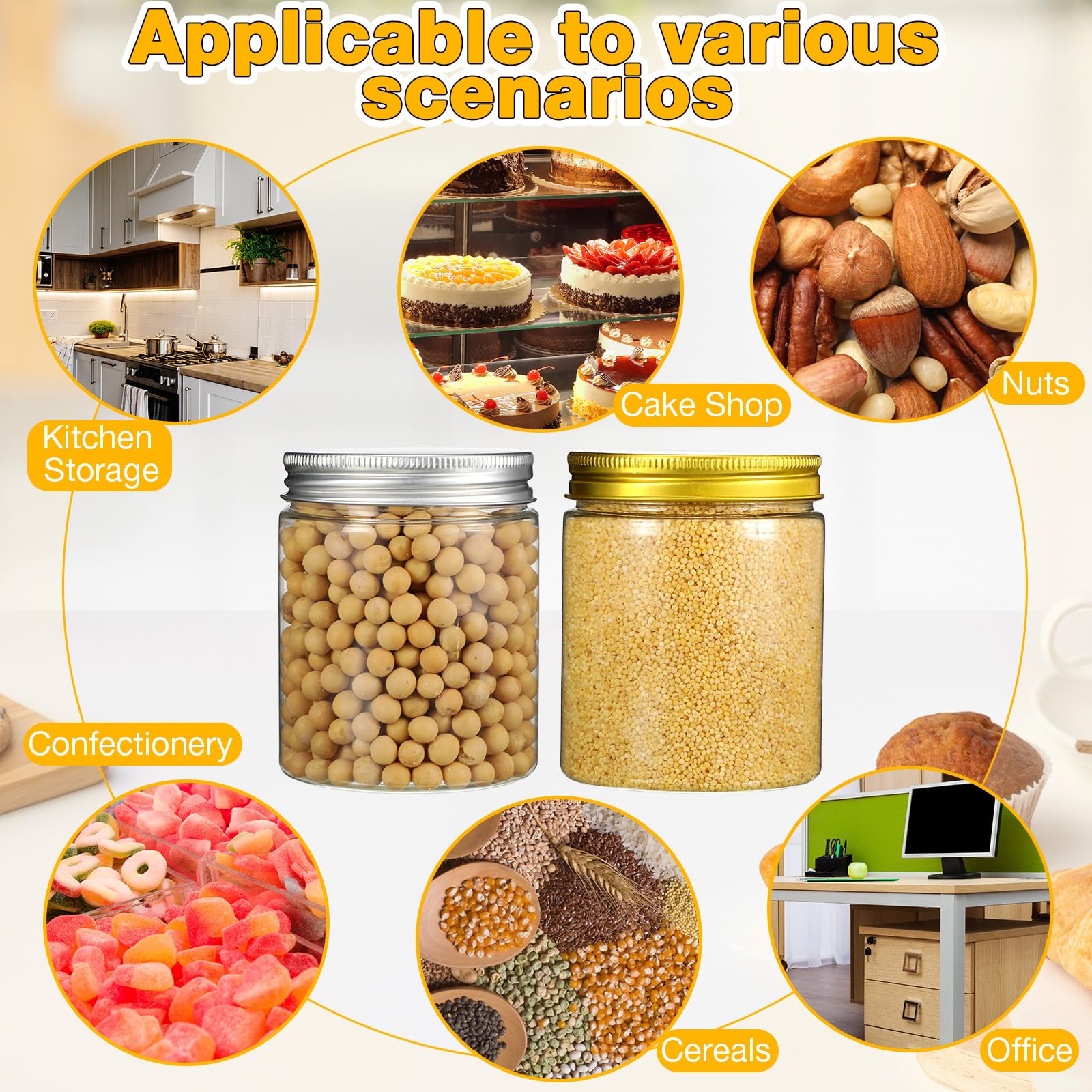 Tanlade 50 Pcs 8 oz Round Clear Container Jars with Lids Airtight Round Plastic Storage Jars Refillable Small Plastic Mason Jars Containers for Kitchen Household Food Storage Gold and Silver