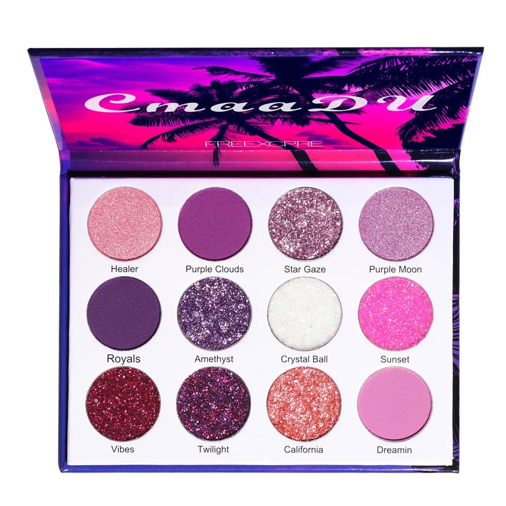 UOCK Purple matte shimmer eyeshadow palette, 12 colors glitter eyeshadow long lasting high pigment pink multi-color waterproof makeup palette