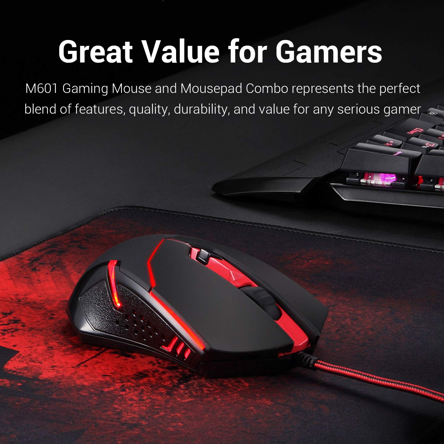 Redragon M601-BA Gaming Mouse and Mouse Pad Combo, Ergonomic Wired MMO 6 Button Mouse, 3200 DPI, Red LED Backlit & Large Mouse Pad for Windows PC Gamer (Black Wired Mouse & Mousepad Set)