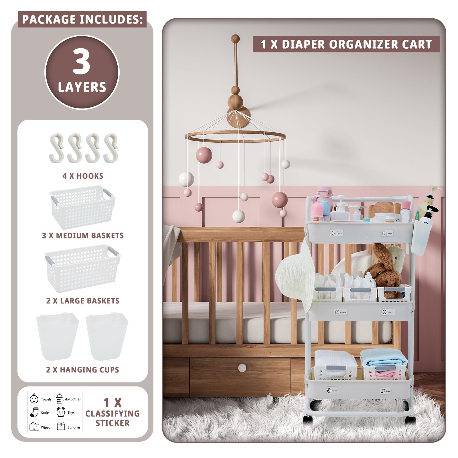 Tanlade Baby Diaper Cart Organizer 3 Tier Diaper Caddy Organizer with Wheels Baby Diaper Storage Organizer Nursery Cart Diaper Caddy with Baskets Hanging Cups Sticker for Crib Changing Table, White