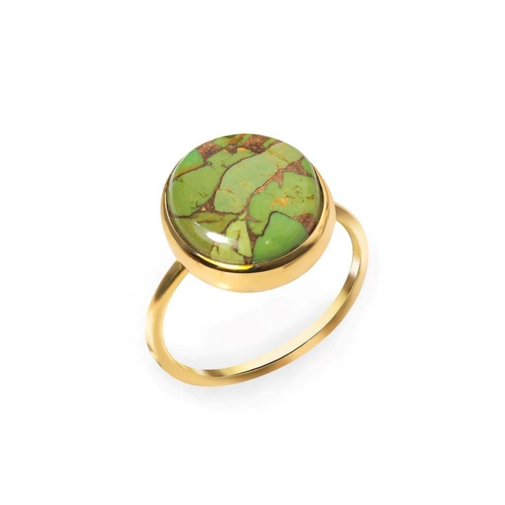 YoTreasure 13x14 MM Green Copper Turquoise Solitaire Ring 14k Gold Over 925 Silver