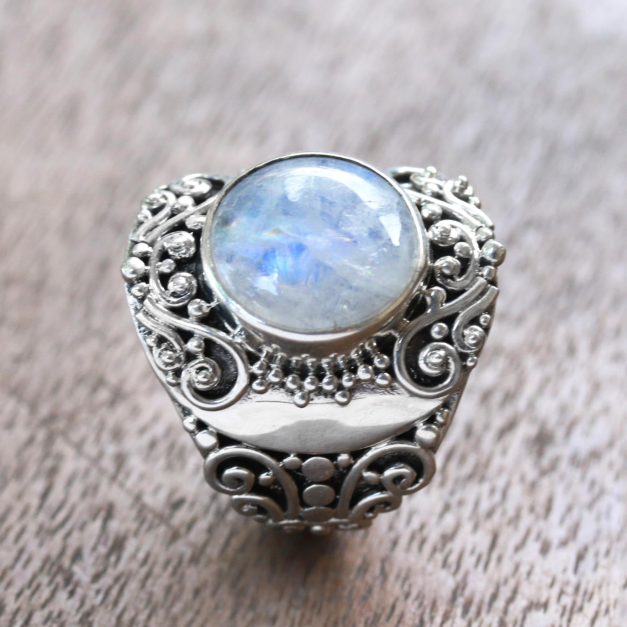 NOVICA Artisan Handmade Rainbow Moonstone Cocktail Ring from Bali Sterling Silver Indonesia [ring Front 0.9 in L x 0.8 in W x 0.3 in H Band Width 3 mm W] ' Nighttime Garden'