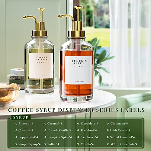 TIMIFTE Coffee Syrup Dispenser for Coffee Bar Accessories,Coffee Pump Dispenser, Glass Syrup Bottle with Gold Pumps and 42 Labels, 16.9 oz 500 ml (4 Pack)