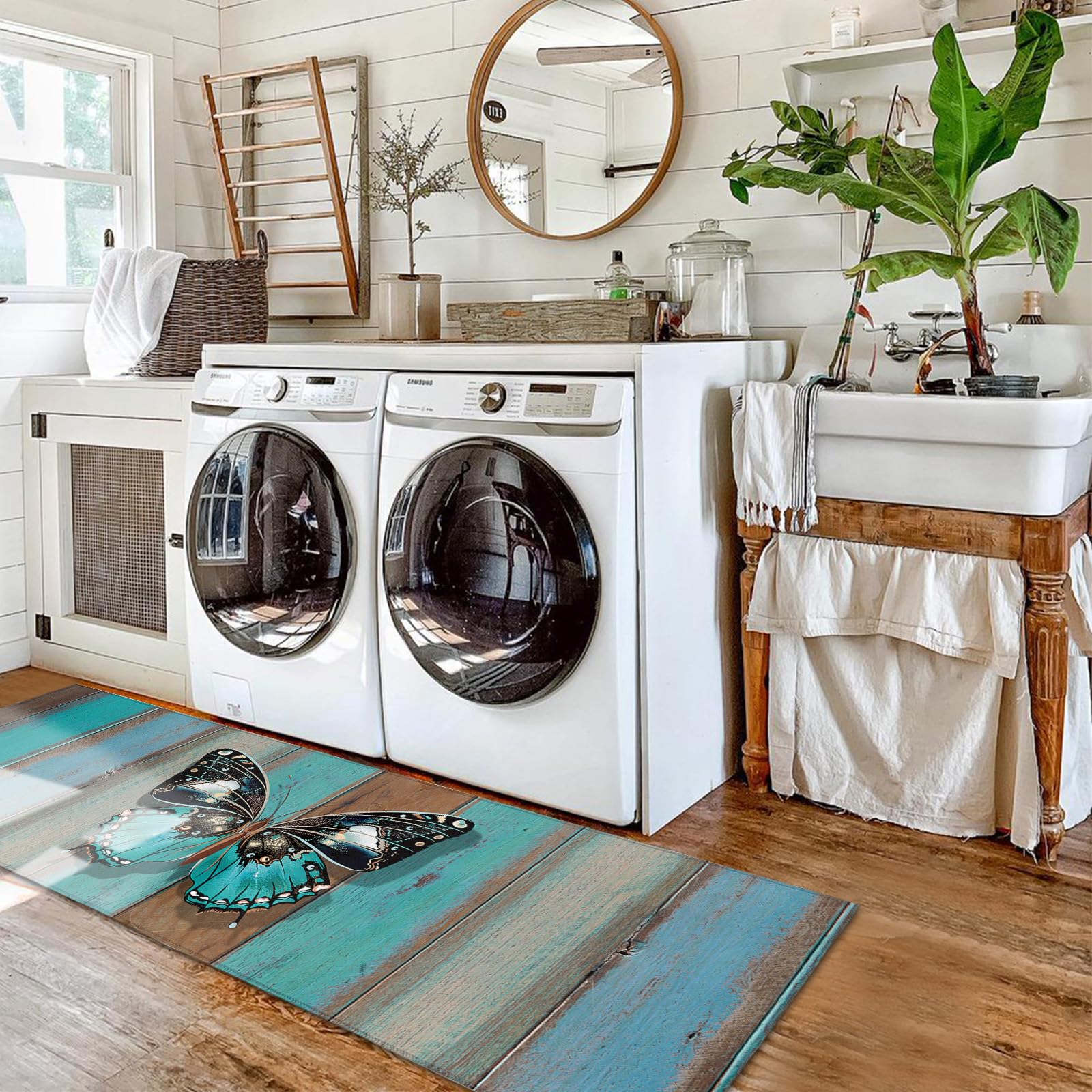 Turquoise Kitchen Mats for Floor Cushioned Anti Fatigue 2 Piece Set Kitchen Runner Rugs Non Skid Washable Wooden Plank Butterfly