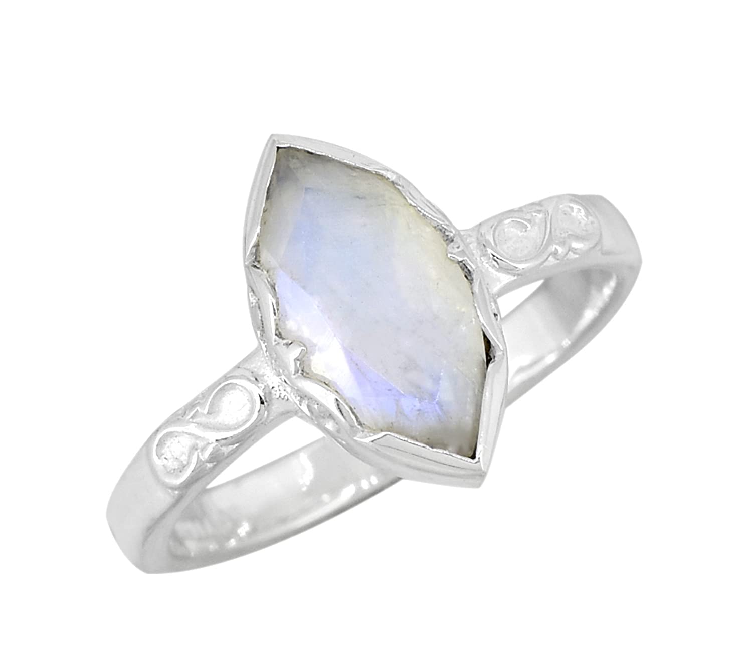 YoTreasure 6x12 MM Moonstone Dainty Ring .925 Sterling Silver Gemstone Jewelry