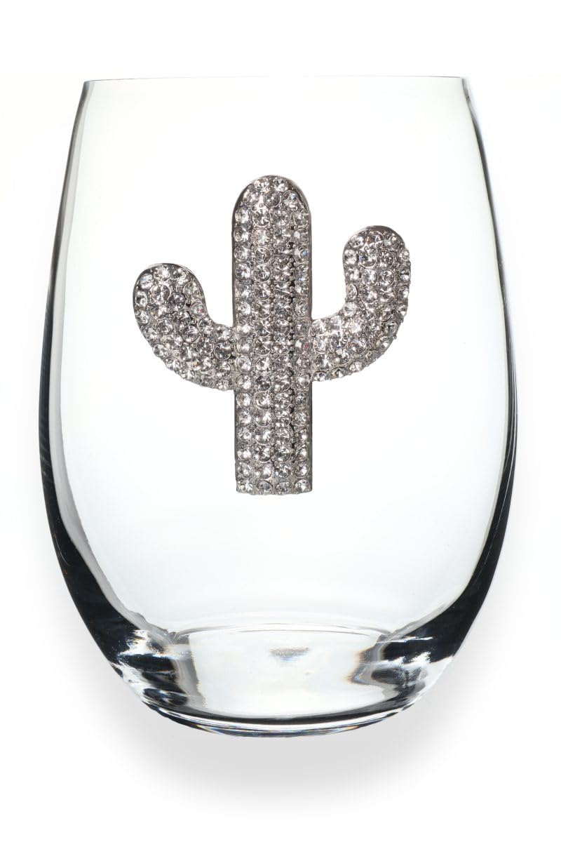 THE QUEENS' JEWELS Diamond Cactus Jeweled Stemless Wine Glass, 21 oz. - Unique Gift for Women, Birthday, Cute, Fun, Not Painted, Decorated, Bling, Bedazzled, Rhinestone