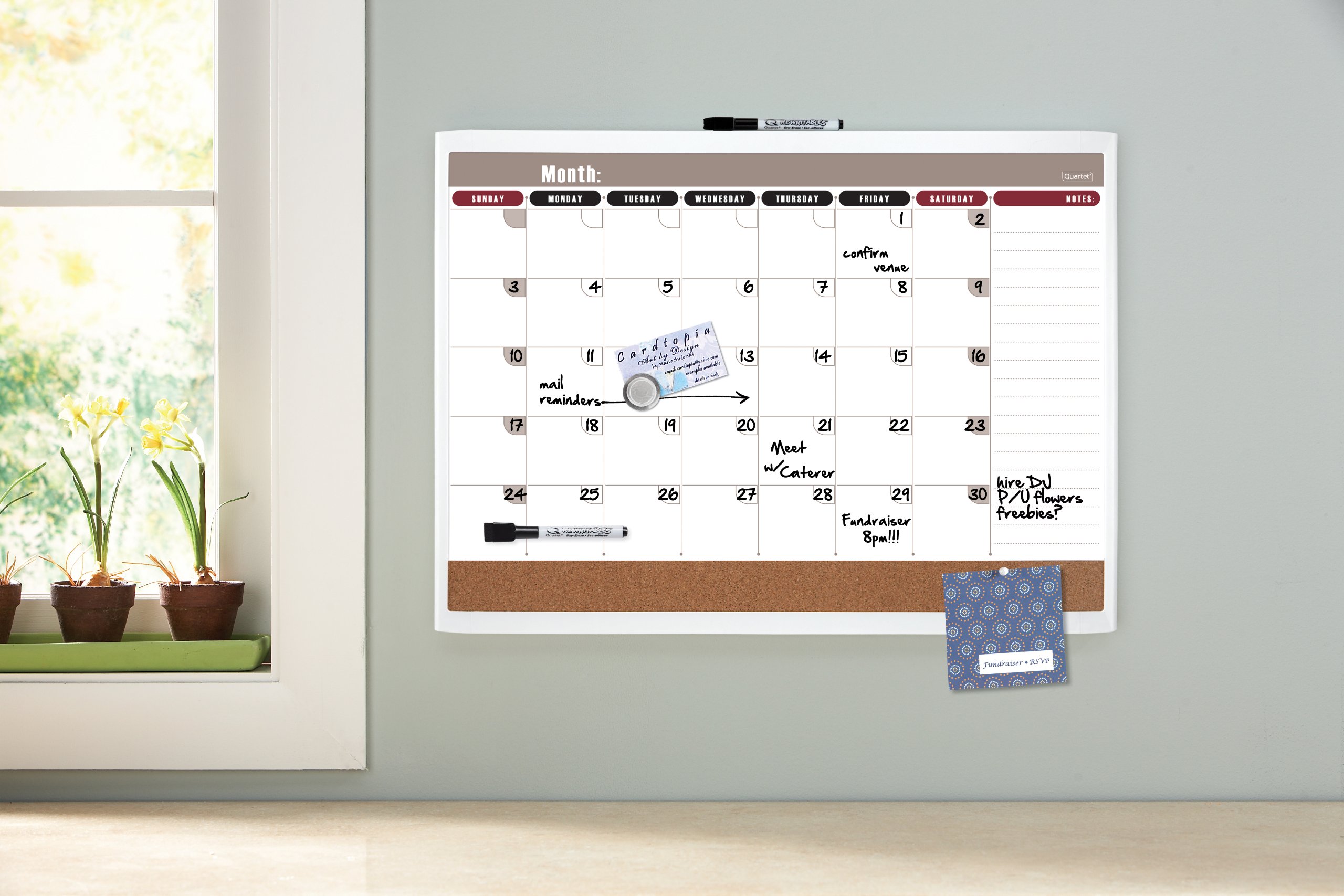 Quartet Dry Erase Board / Cork Board, Calendar Board, Magnetic, 17"x 23", 1-Month Design with List, White Frame (79380-WT)