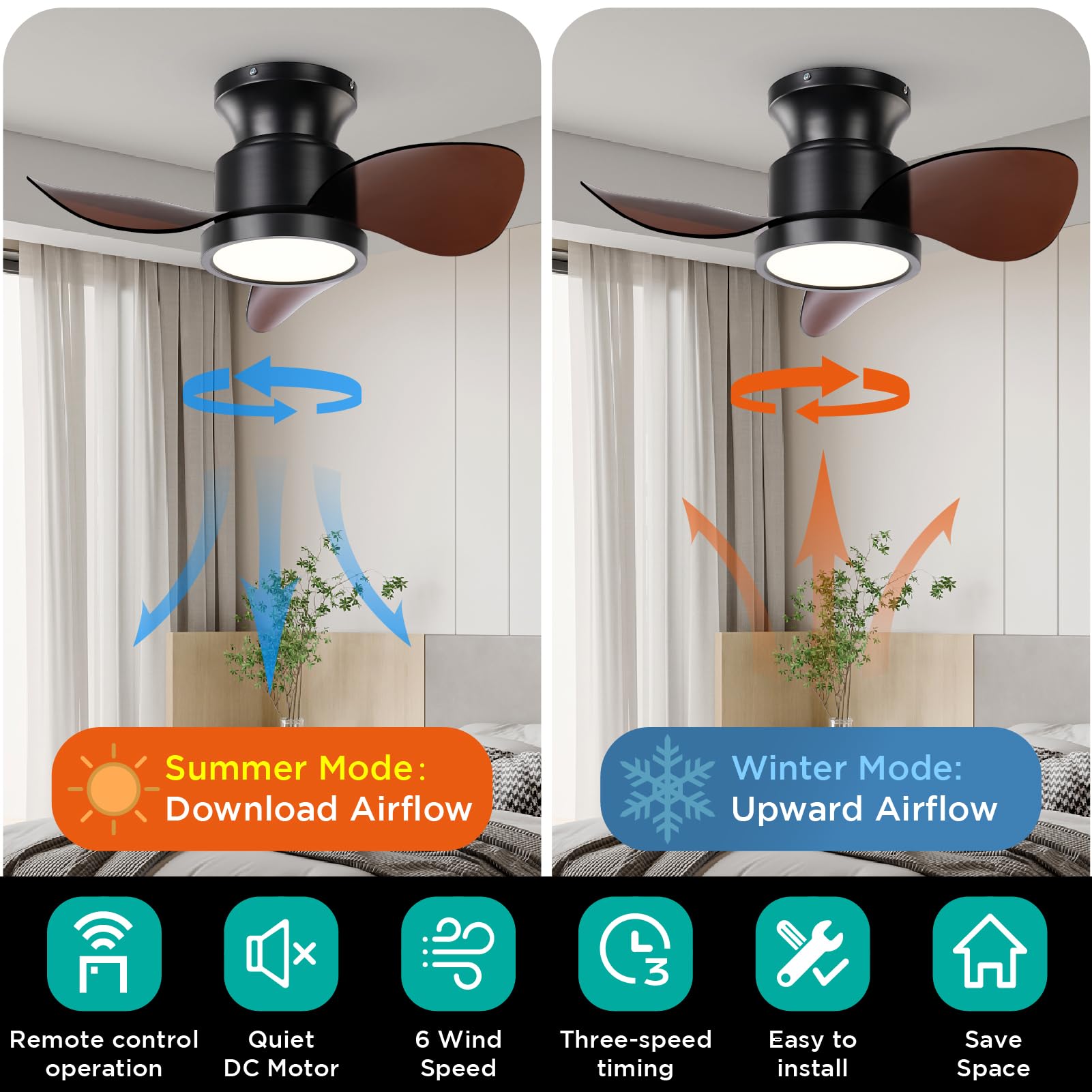 Roomratv Ceiling Fans with Lights 22 inch Quiet Ceiling Fan Large Airflow Remote Control 3 Color Temperature for Bedroom Kitchen Dining room Patio(Black)