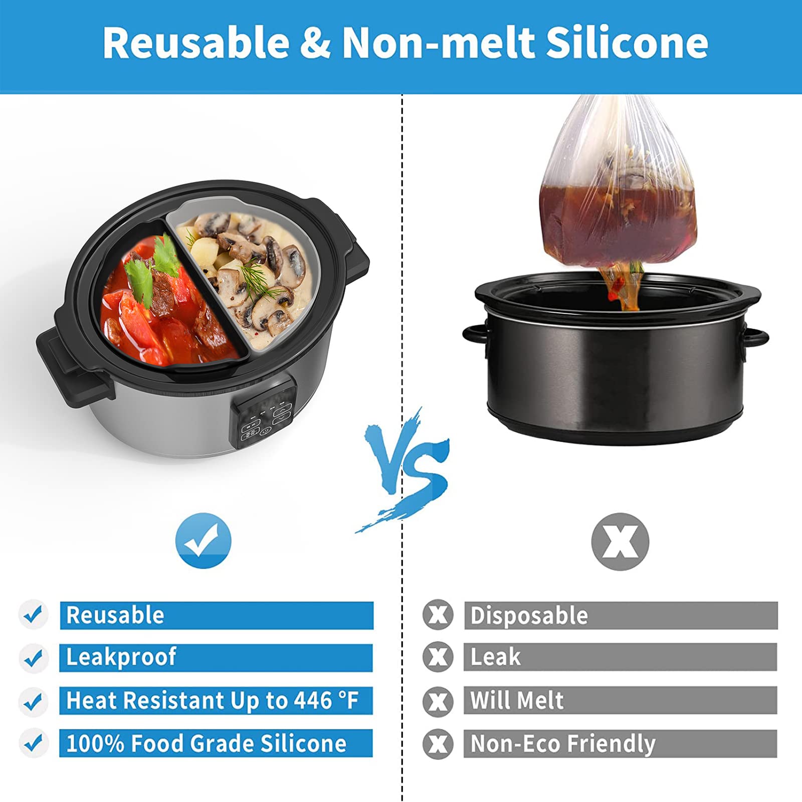 Slow Cooker Divider Liners Silicone fit Oval CrockPot 6-8 Quart,Food-Grade Material,BPA Free,Reusable,Leakproof,Dishwasher Safe,Cooking Liner for Hamilton Beach,Elite Gourmet,Bella Divider Insert