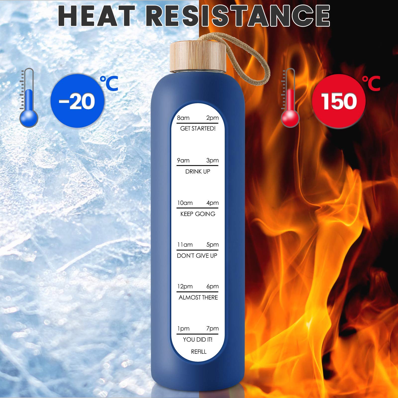 PROBTTL 32 Oz Borosilicate Glass Water Bottle with Time Marker Reminder Quotes, Leak Proof Reusable BPA Free Motivational Water Bottles with Silicone Sleeve and Bamboo Lid