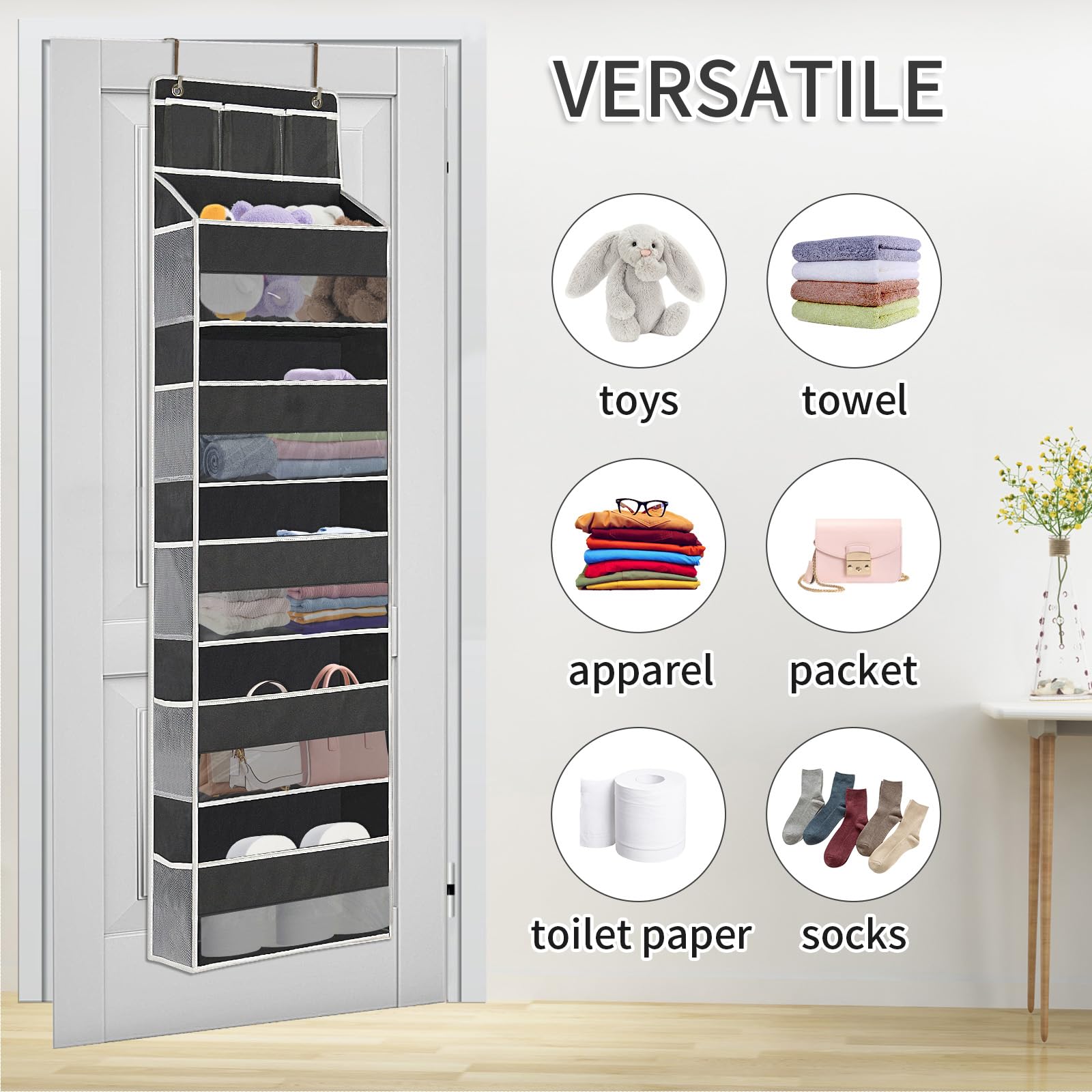 Over the Door Organizer Storage, 5-Shelf Clear Large Deep Pockets Hanging Storage with 3 Hooks, Over Door Pantry Organizer for Closet, Nursery, Bedroom, Kitchen, Dorm, Toys, Cosmetics, Clothes
